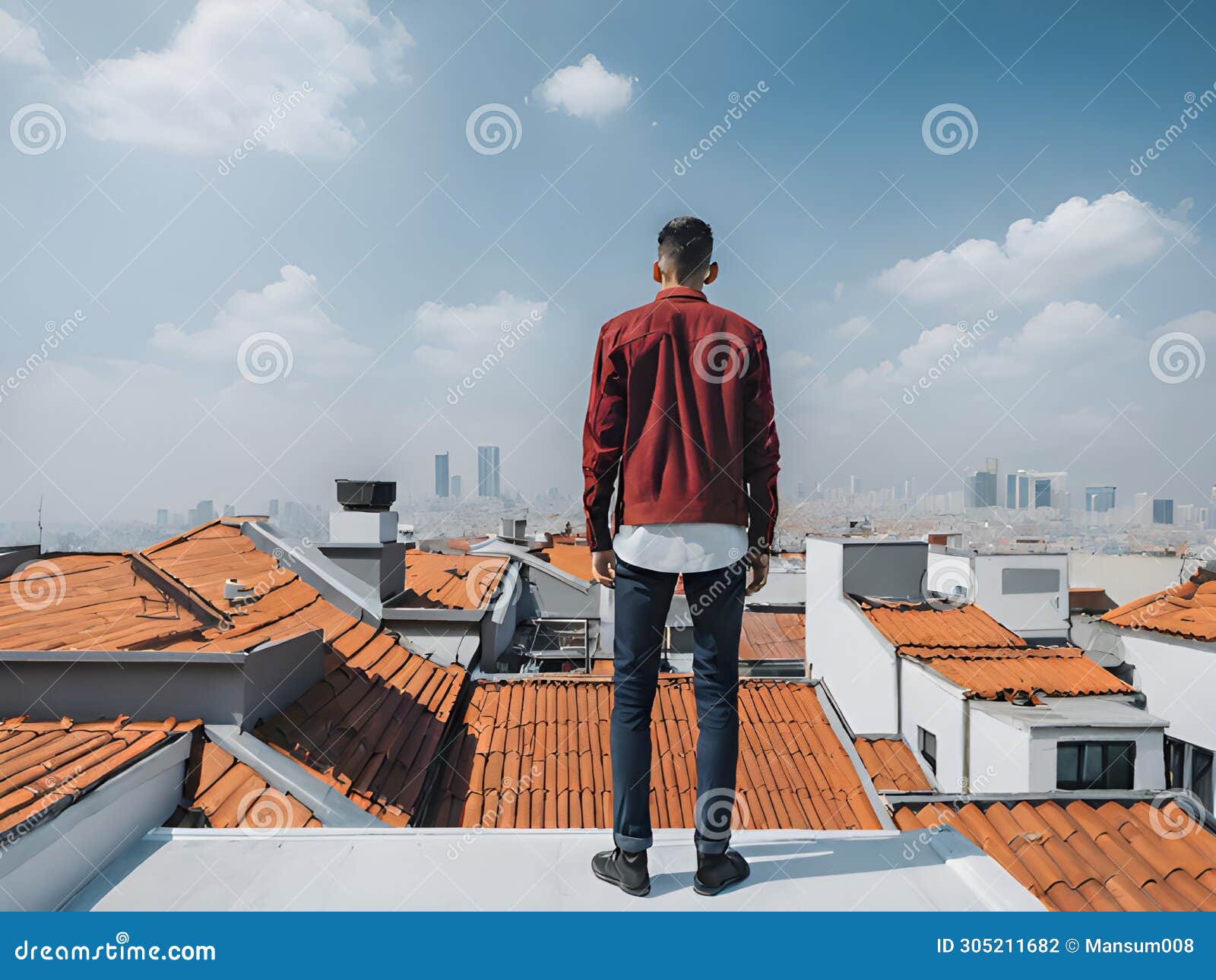 A Man Is Standing On The Rooftop Of A Dilapidated Skyscraper. AI Stock ...