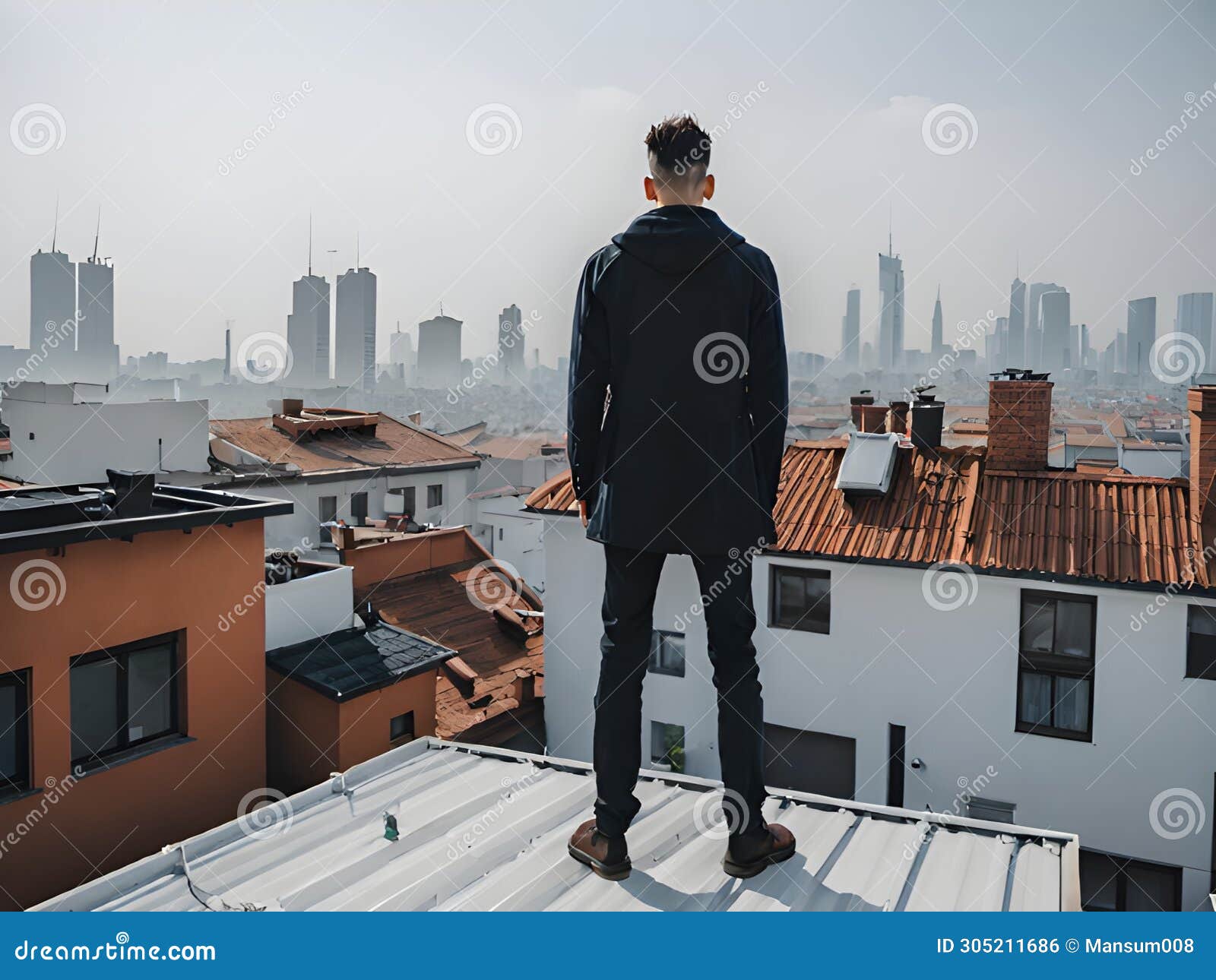 Young Man Standing on Rooftop Stock Illustration - Illustration of view ...
