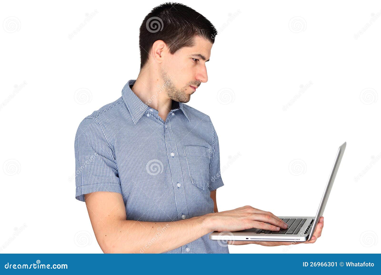 Young Man Standing and Using Laptop Stock Image - Image of laptop ...