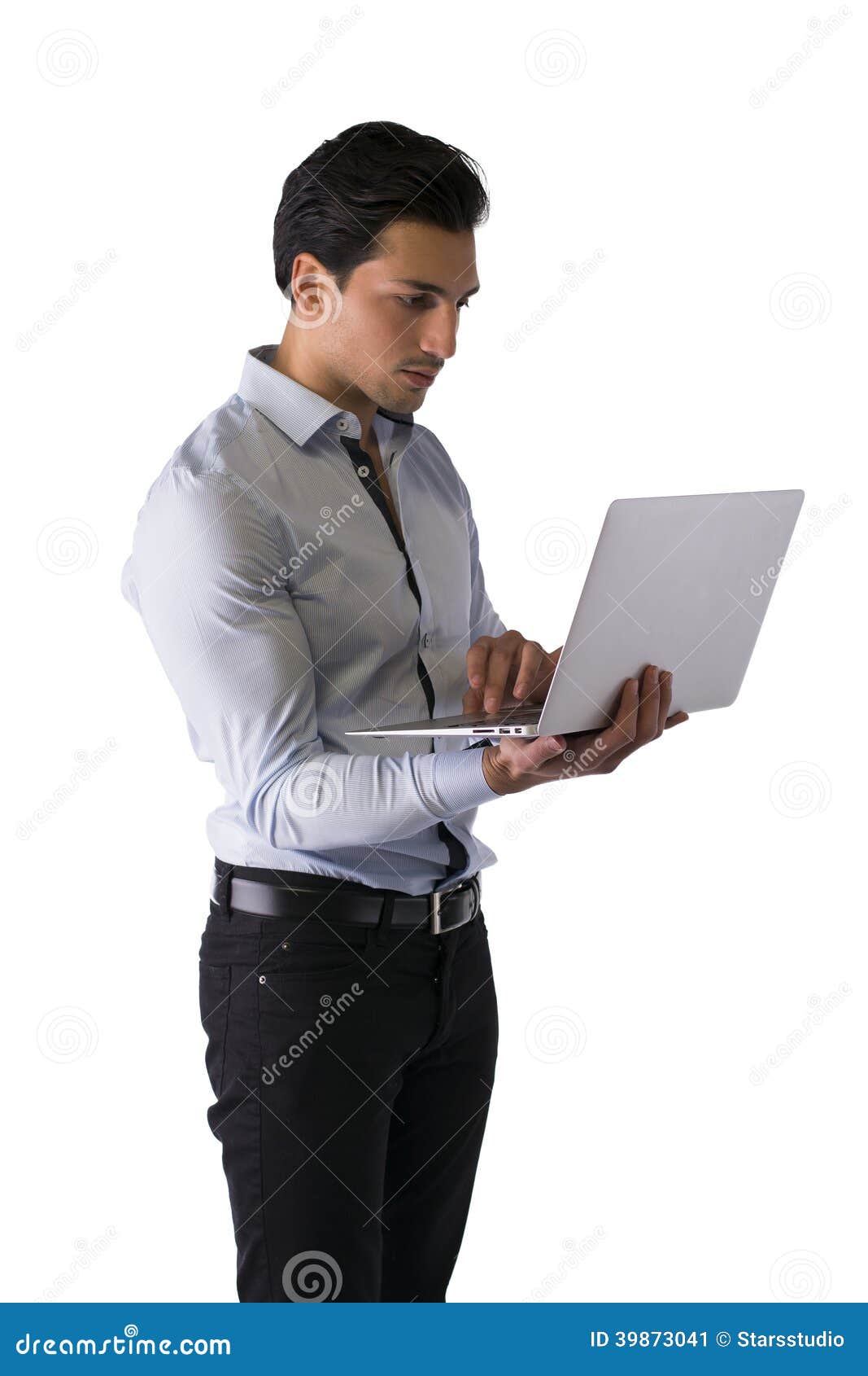 Young Man Standing and Working on Laptop Computer Stock Image - Image ...