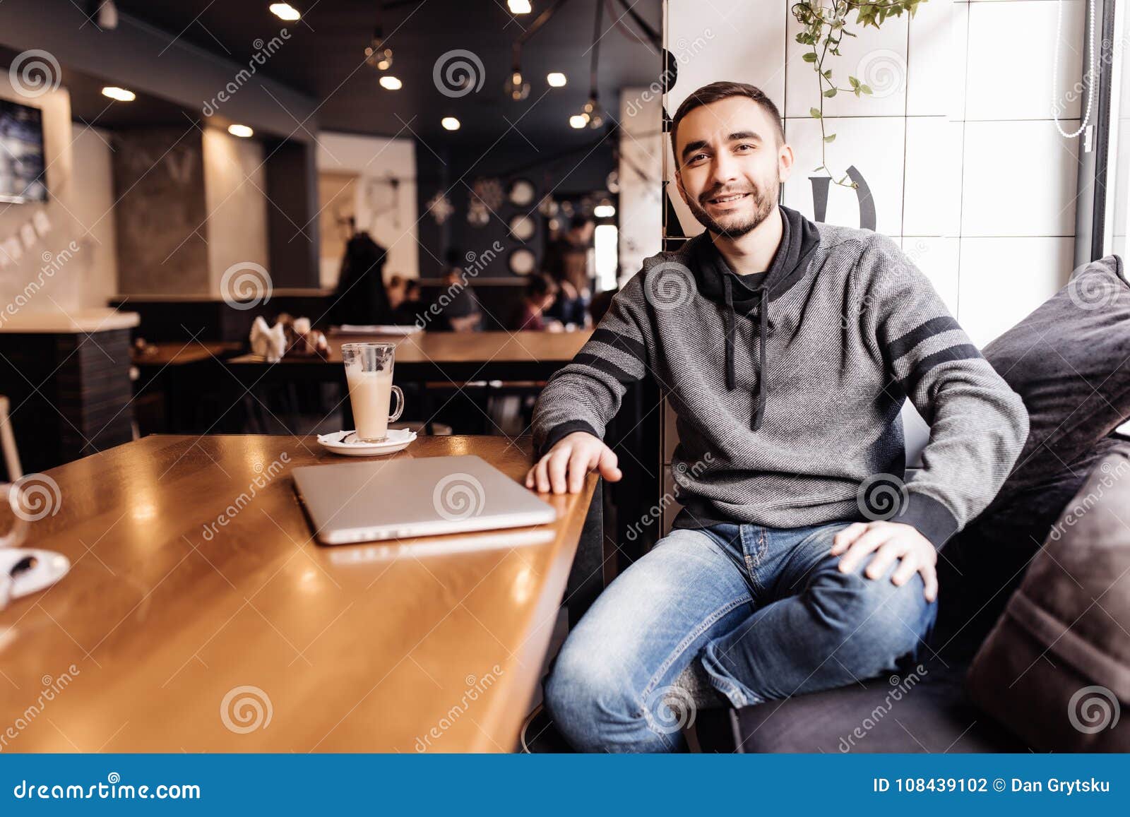 Young Man Student with Laptop Computer Drink Coffee in Cafe Stock Photo ...