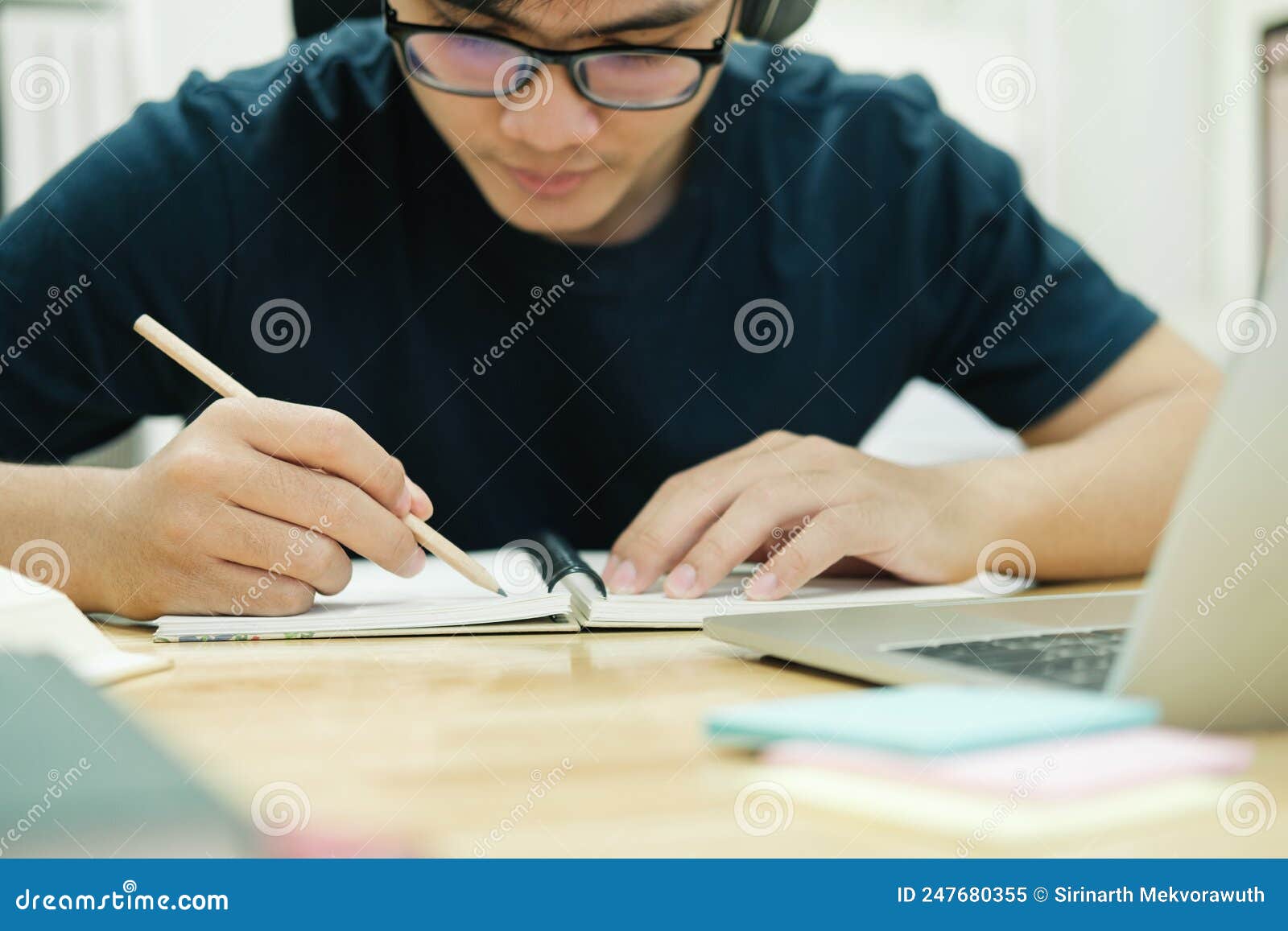 Young Man Study in Front of the Laptop Computer at Home Stock Image ...