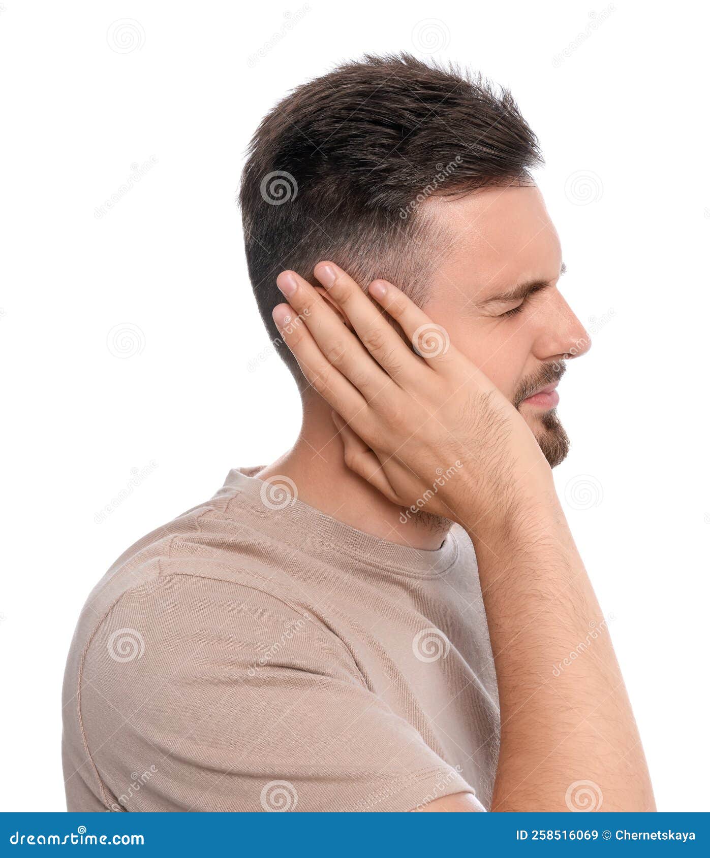 Young Man Suffering from Ear Pain on White Background Stock Image ...