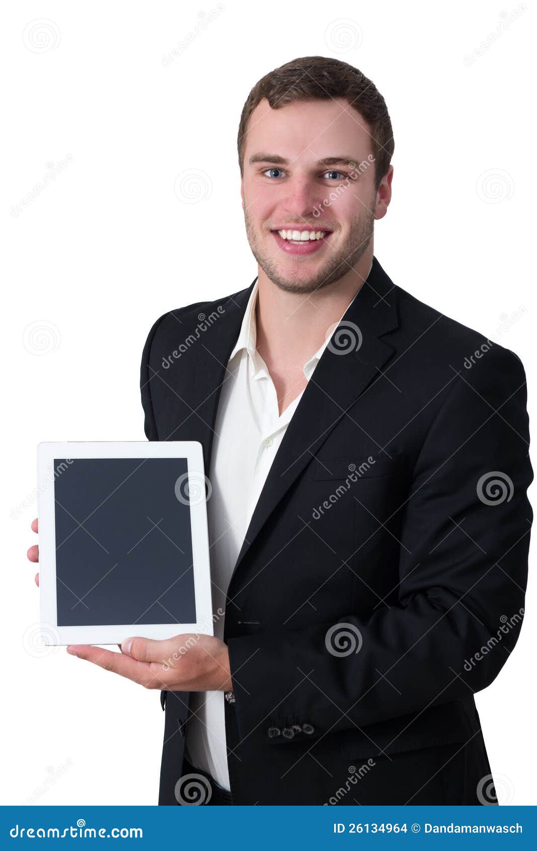 Young Man in Suit Holding Tablet Pc Stock Photo - Image of blank ...