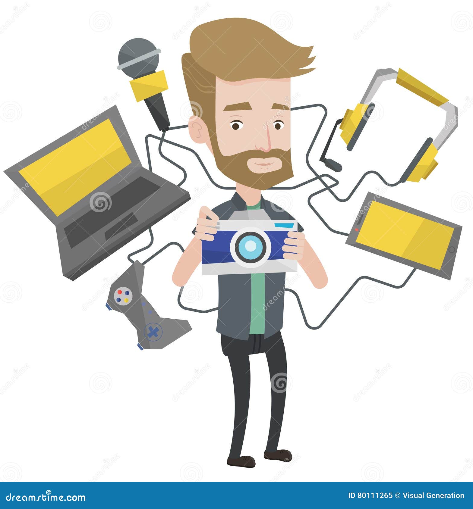 Young Man Surrounded With His Gadgets Stock Vector Illustration Of