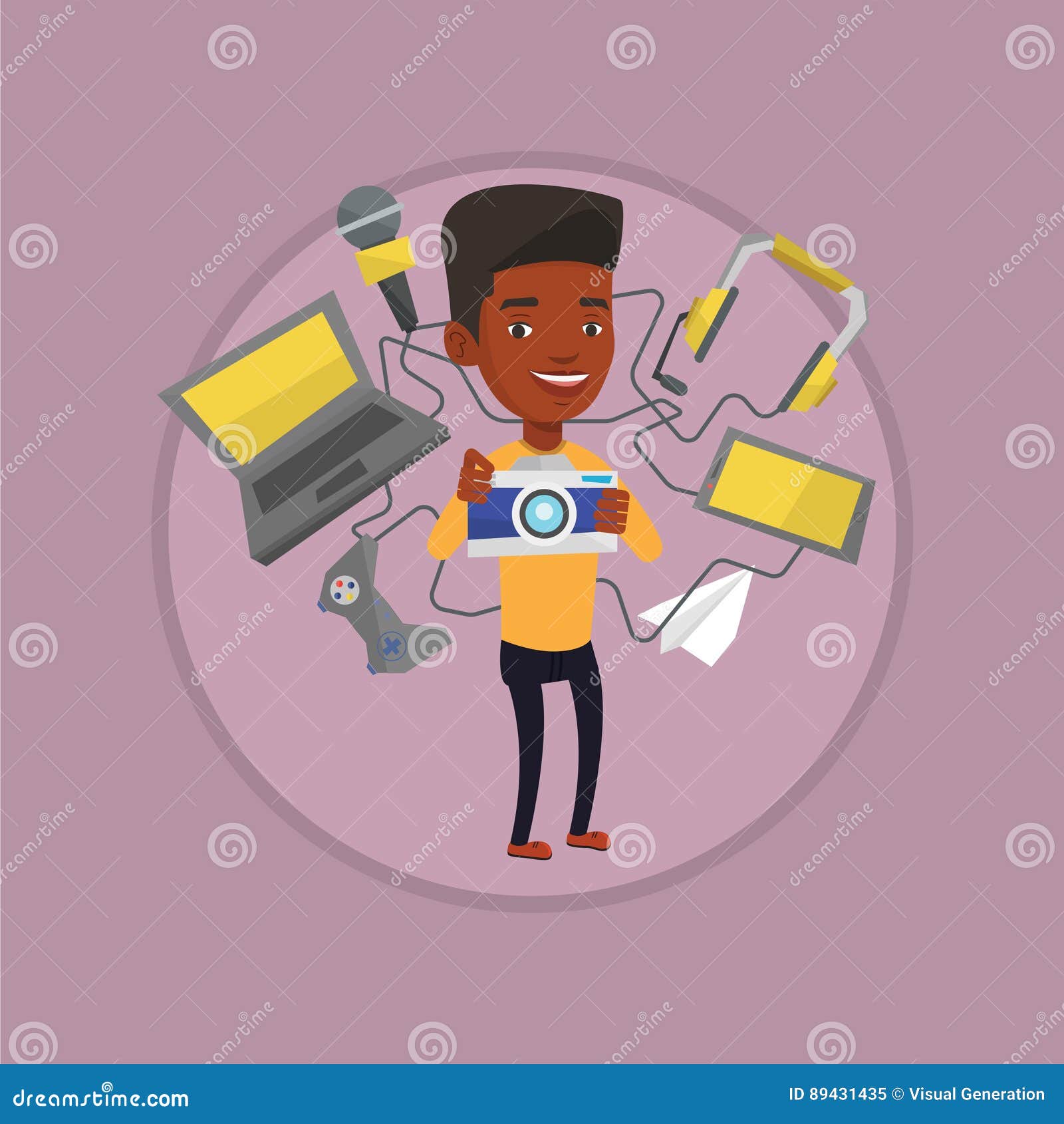 Young Man Surrounded with His Gadgets. Stock Vector - Illustration of ...