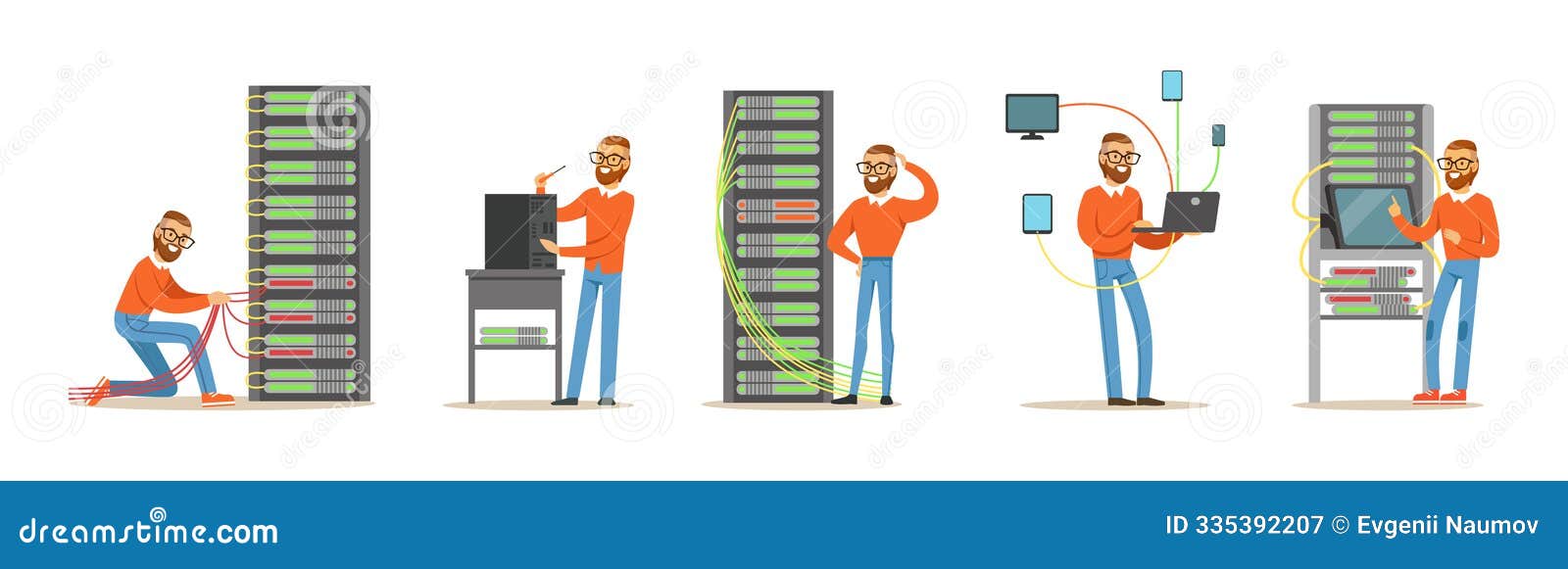 Young Man Sysadmin Character Working On Computer Doing Technical Work With Server Vector Set