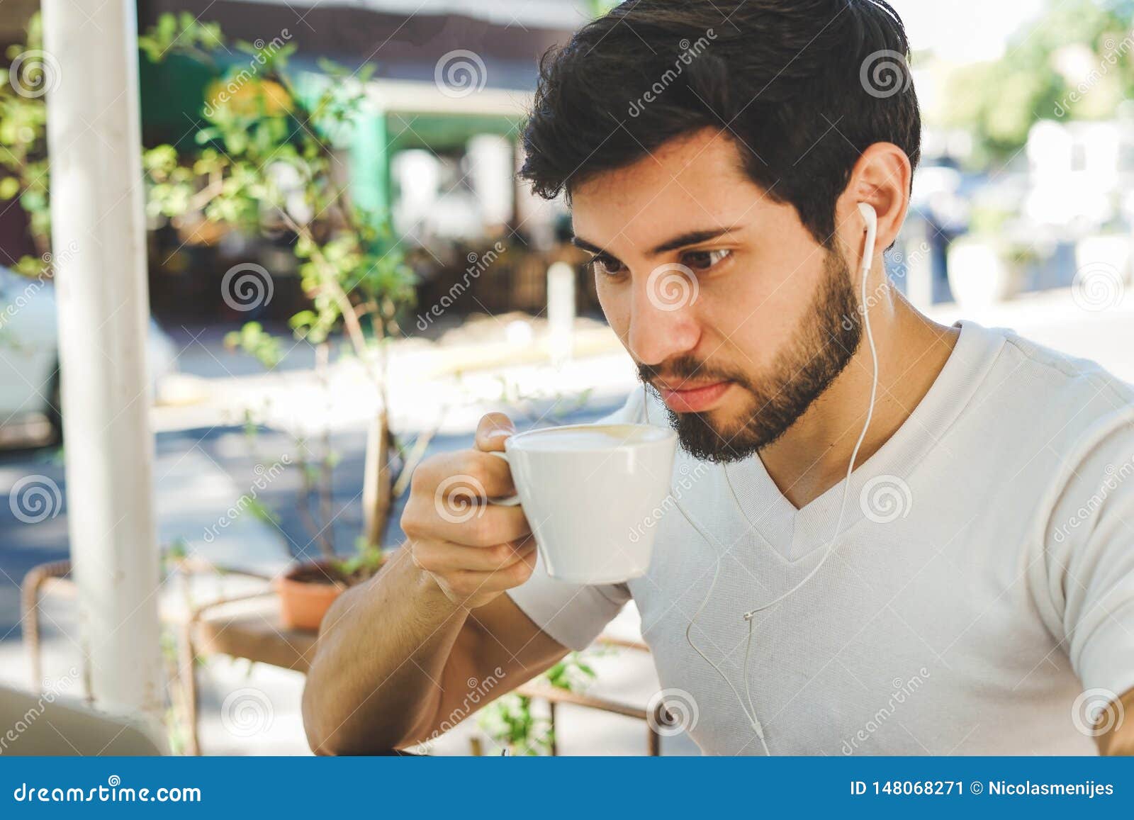 Young Man Taking a Coffee Break Stock Image - Image of phone, pensive ...