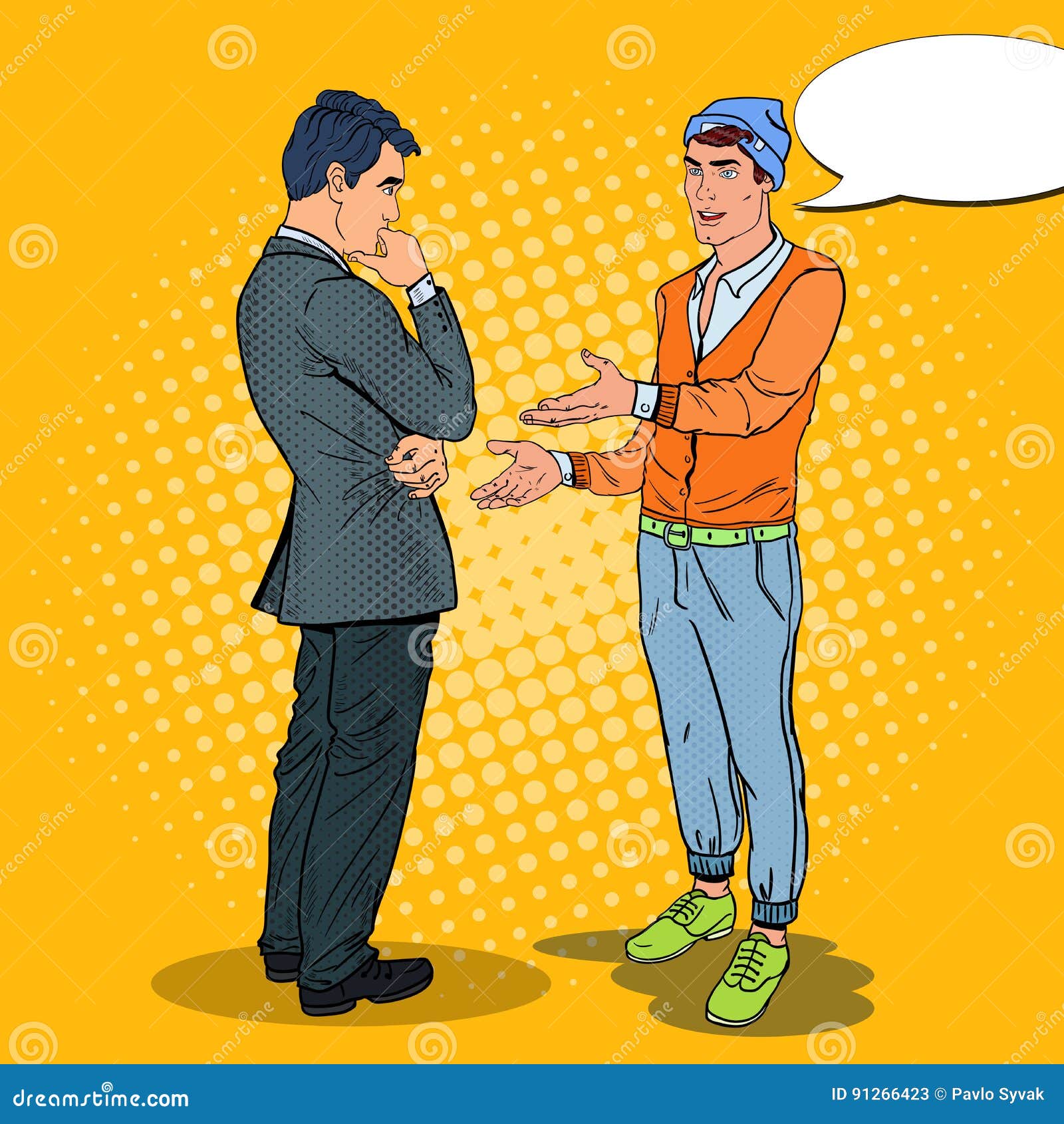 Young Man Talking with Businessman. Pop Art Illustration Stock Vector ...