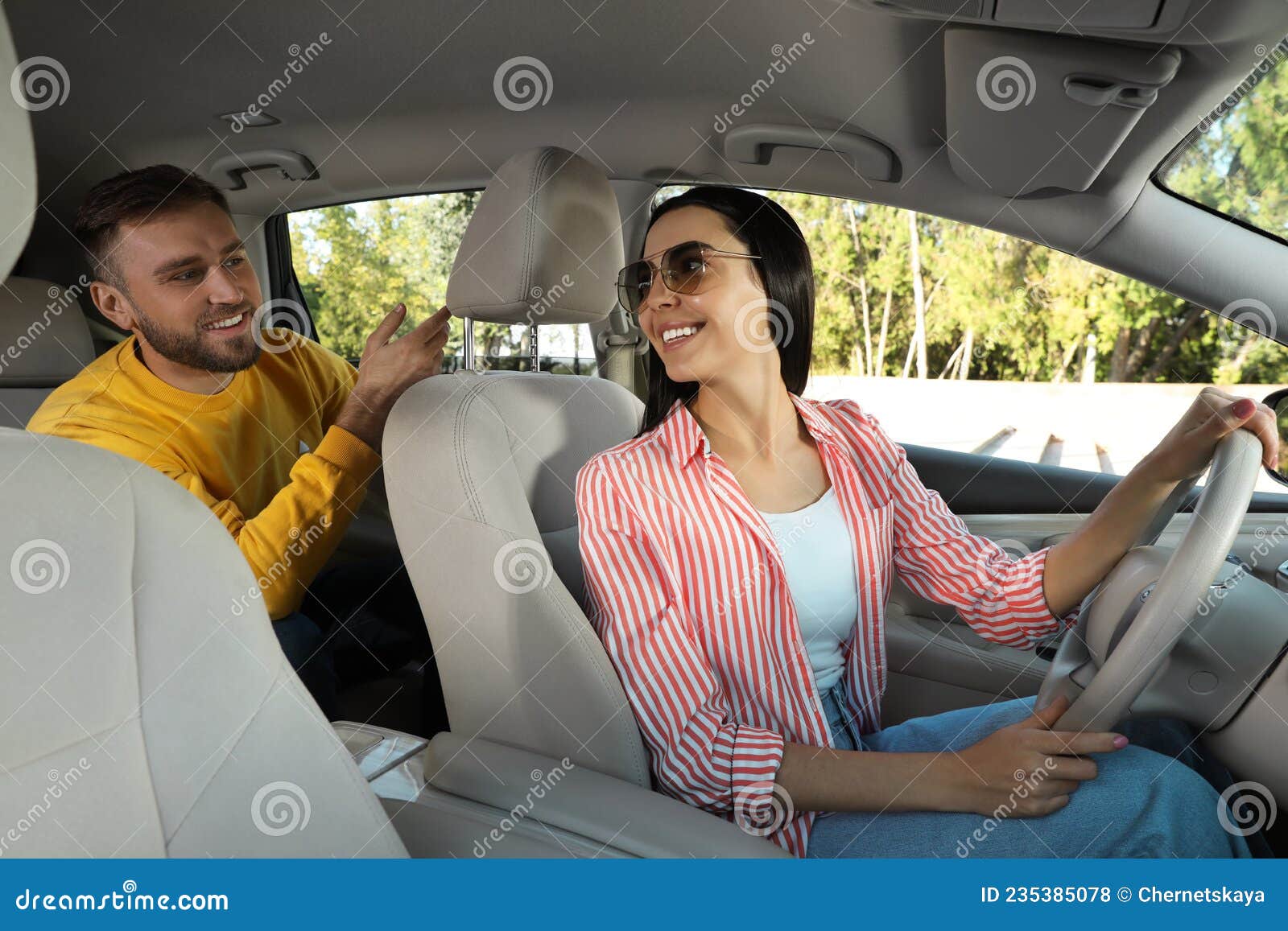 Young Man Talking with Driver in Modern Car Stock Photo - Image of ...
