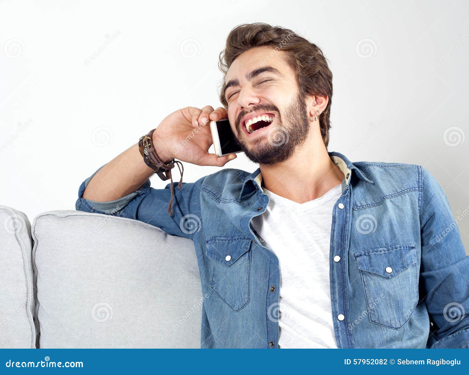 Young Man Talking Mobile Phone and Laughing Stock Photo - Image of ...