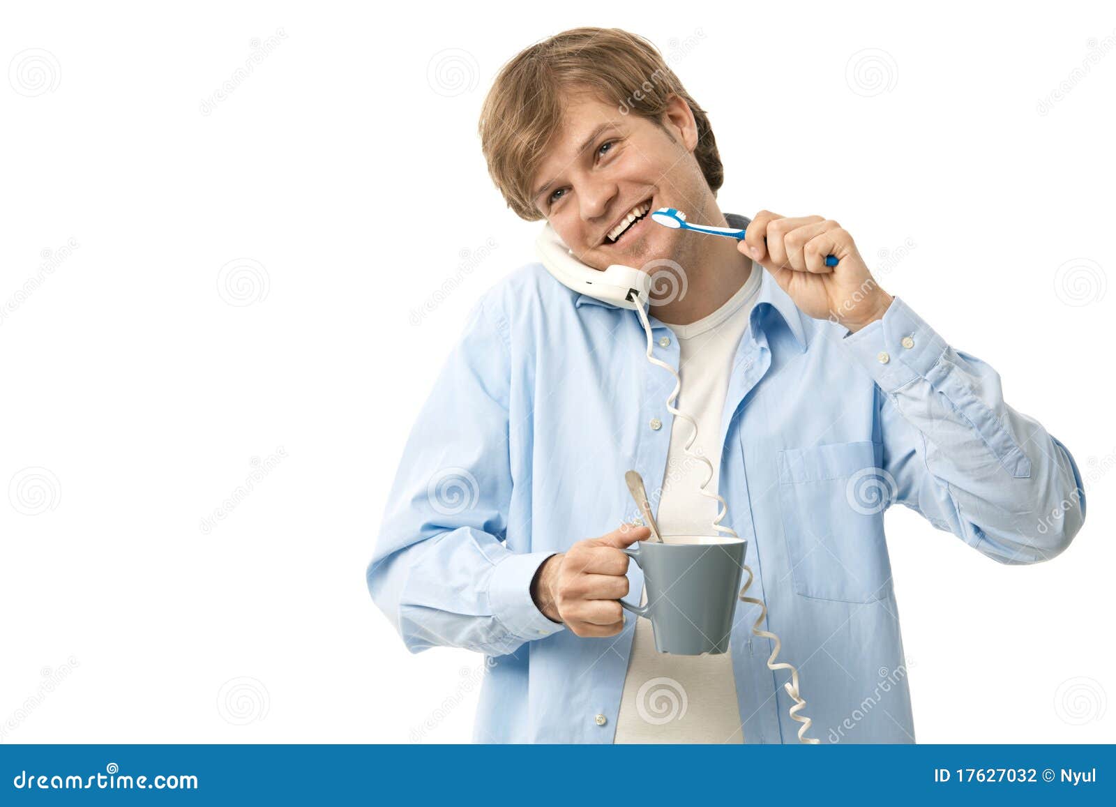 Young Man Talking on Phone while Brushing Teeth Stock Photo - Image of ...