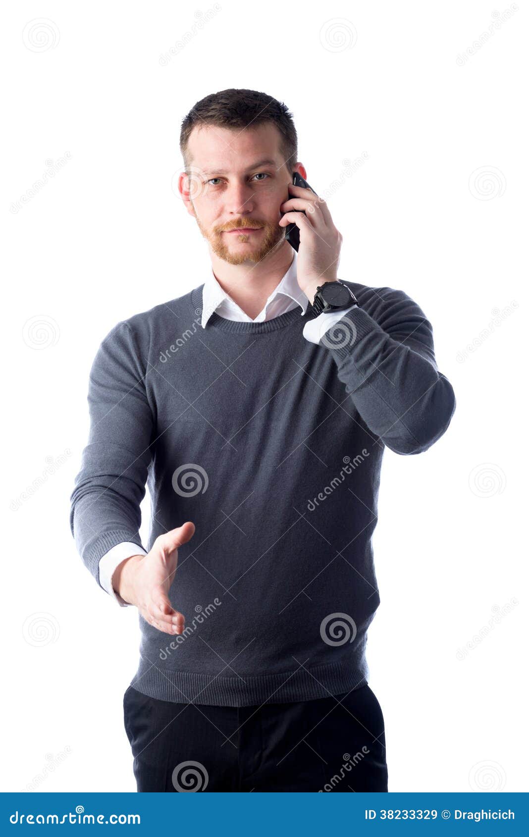 Young Man Talking on Phone and Reaching Out Hand Stock Image - Image of ...