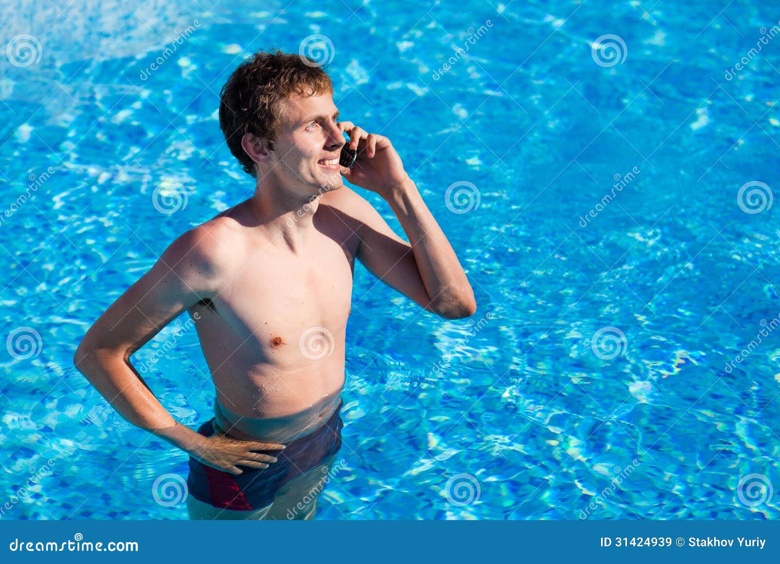 Young Man Talking on the Phone in the Swimming Pool Stock Image - Image ...