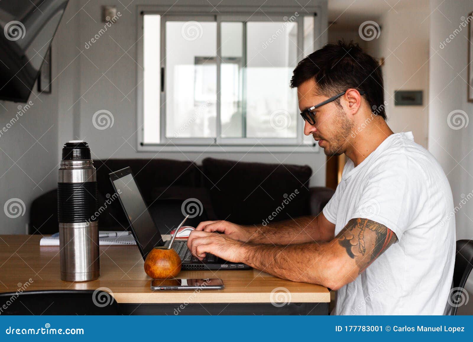 Young Man Telecommuting from Home Stock Image - Image of homework ...