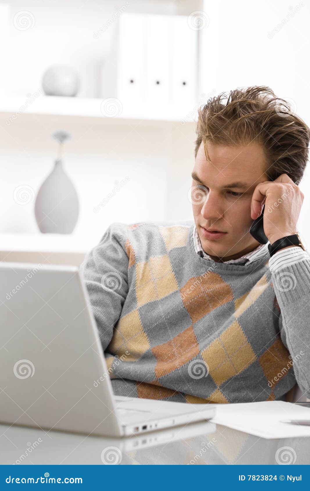 Young man teleworking stock photo. Image of businessman - 7823824