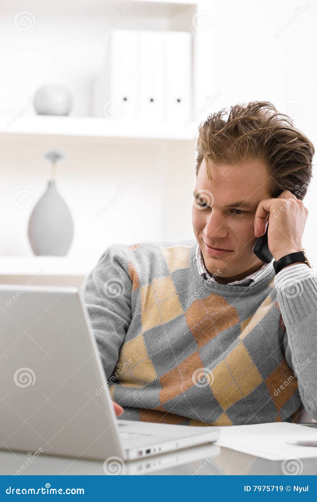 Young man teleworking stock image. Image of happy, indoor - 7975719