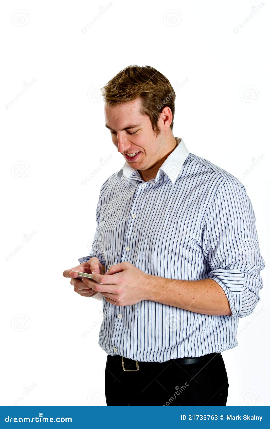 Young Man Texting with Smart Phone Stock Image - Image of burly, blue ...