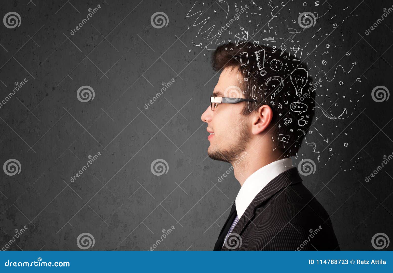 Young Man Thinking with Abstract Lines and Symbols Stock Image - Image ...