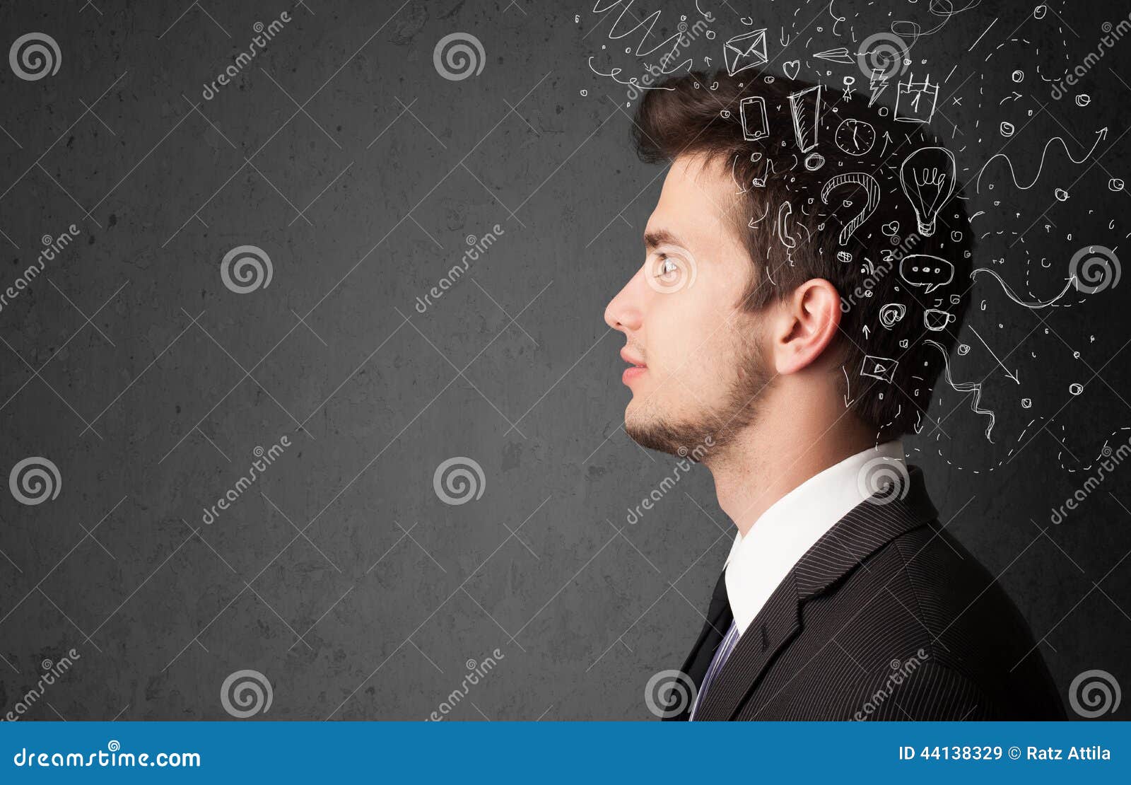Young Man Thinking with Abstract Lines and Symbols Stock Image - Image ...