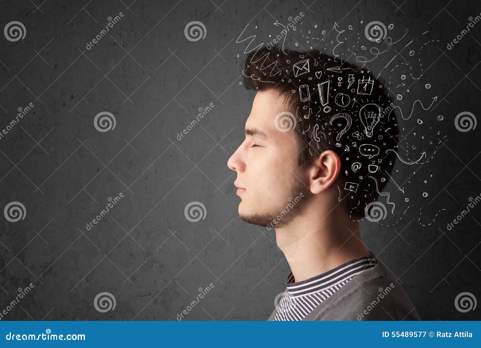 Young Man Thinking with Abstract Lines and Symbols Stock Image - Image ...