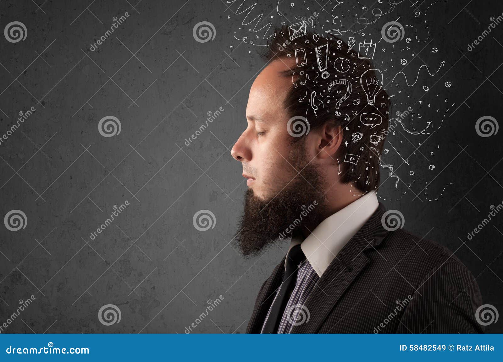 Young Man Thinking with Abstract Lines and Symbols Stock Image - Image ...