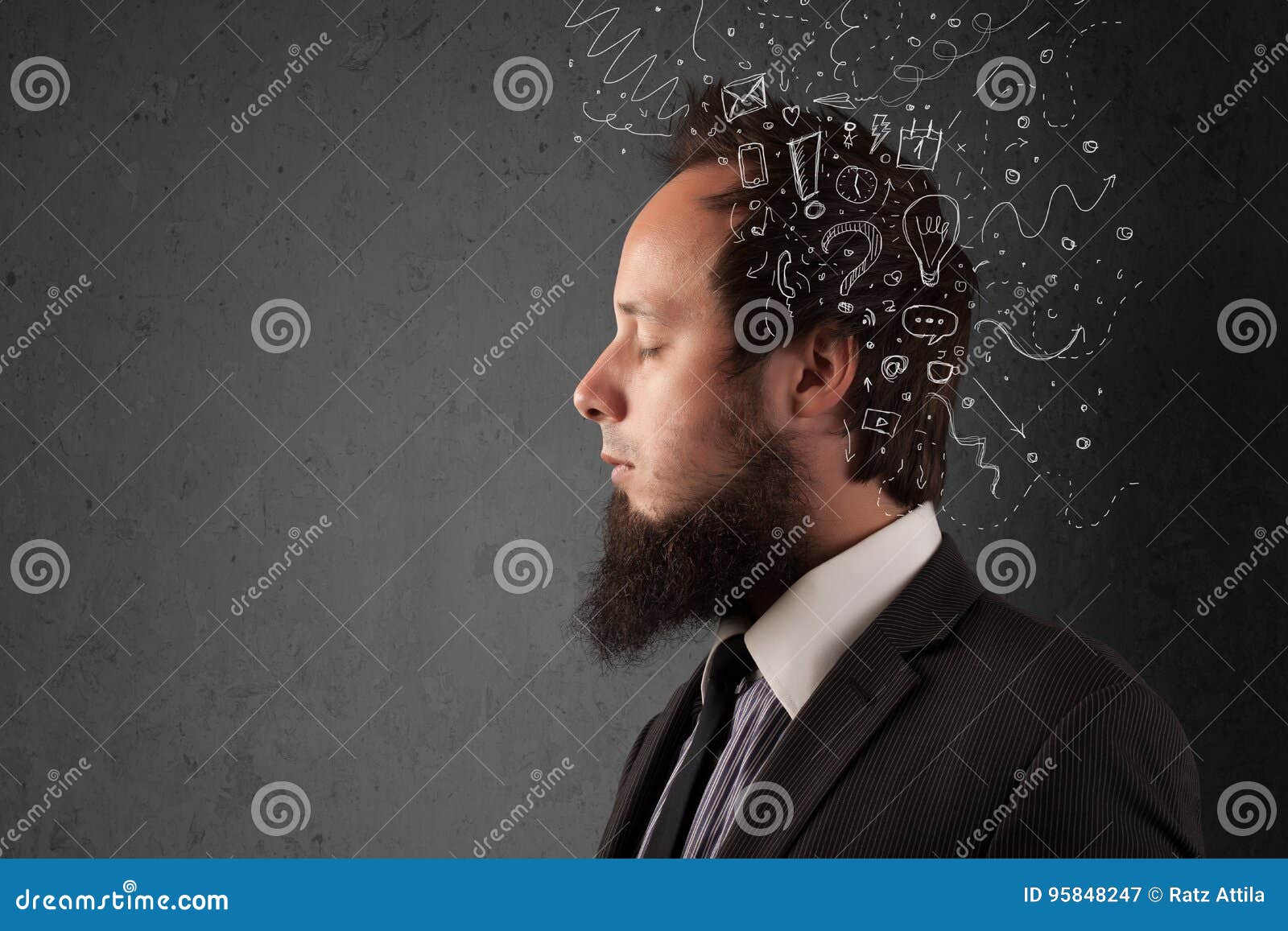Young Man Thinking with Abstract Lines and Symbols Stock Image - Image ...