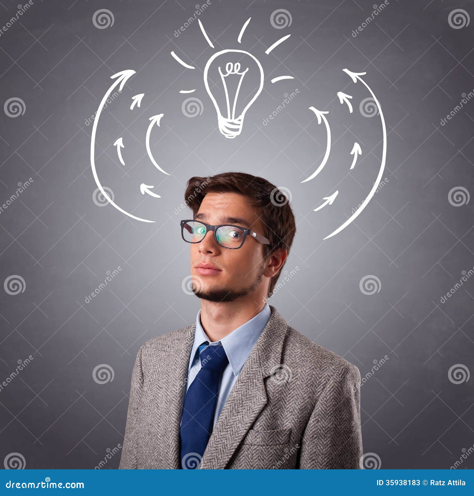 Young Man Thinking with Arrows and Light Bulb Overhead Stock Image ...