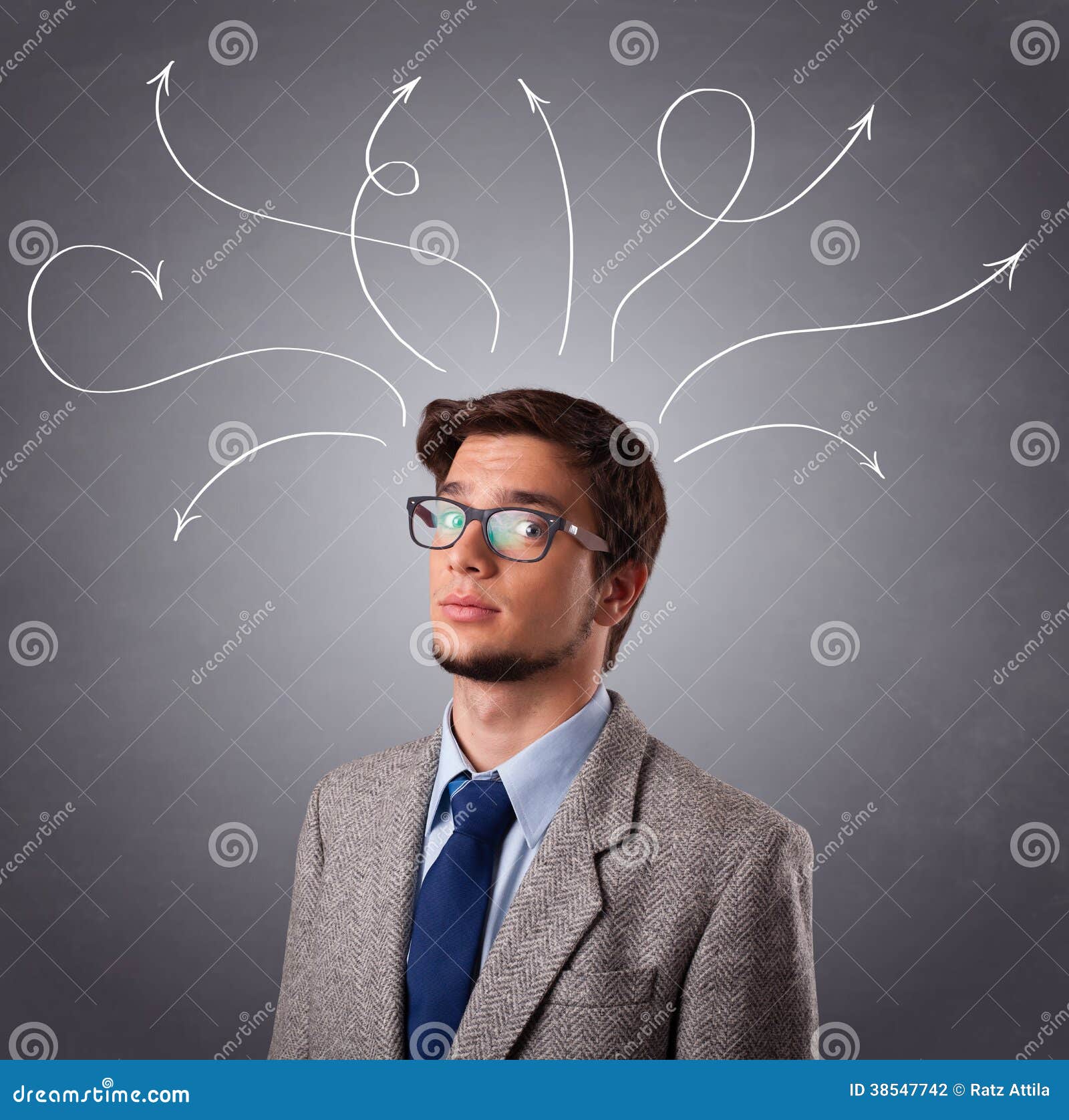 Young Man Thinking with Arrows Overhead Stock Photo - Image of mind ...