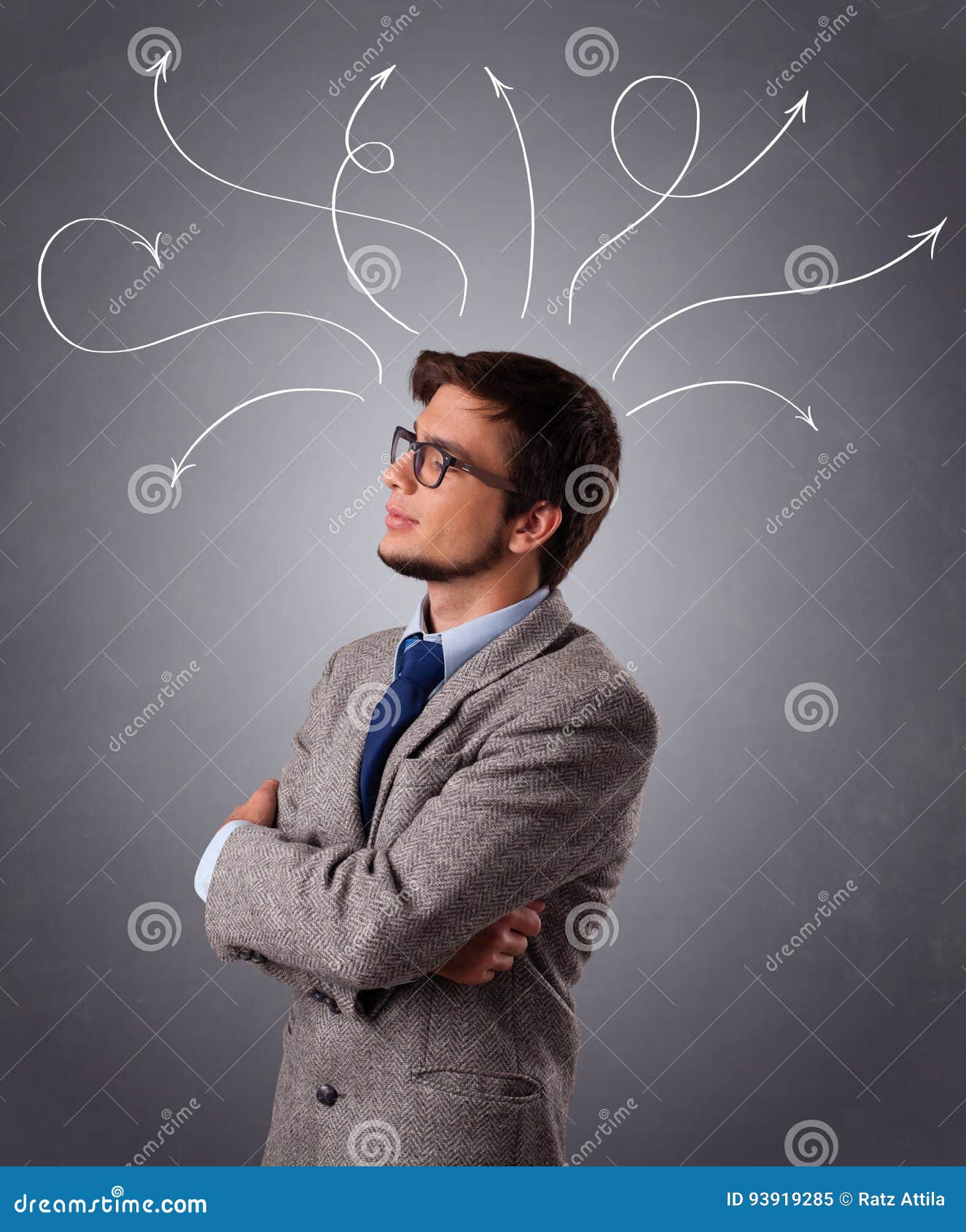 Young Man Thinking with Arrows Overhead Stock Image - Image of ...
