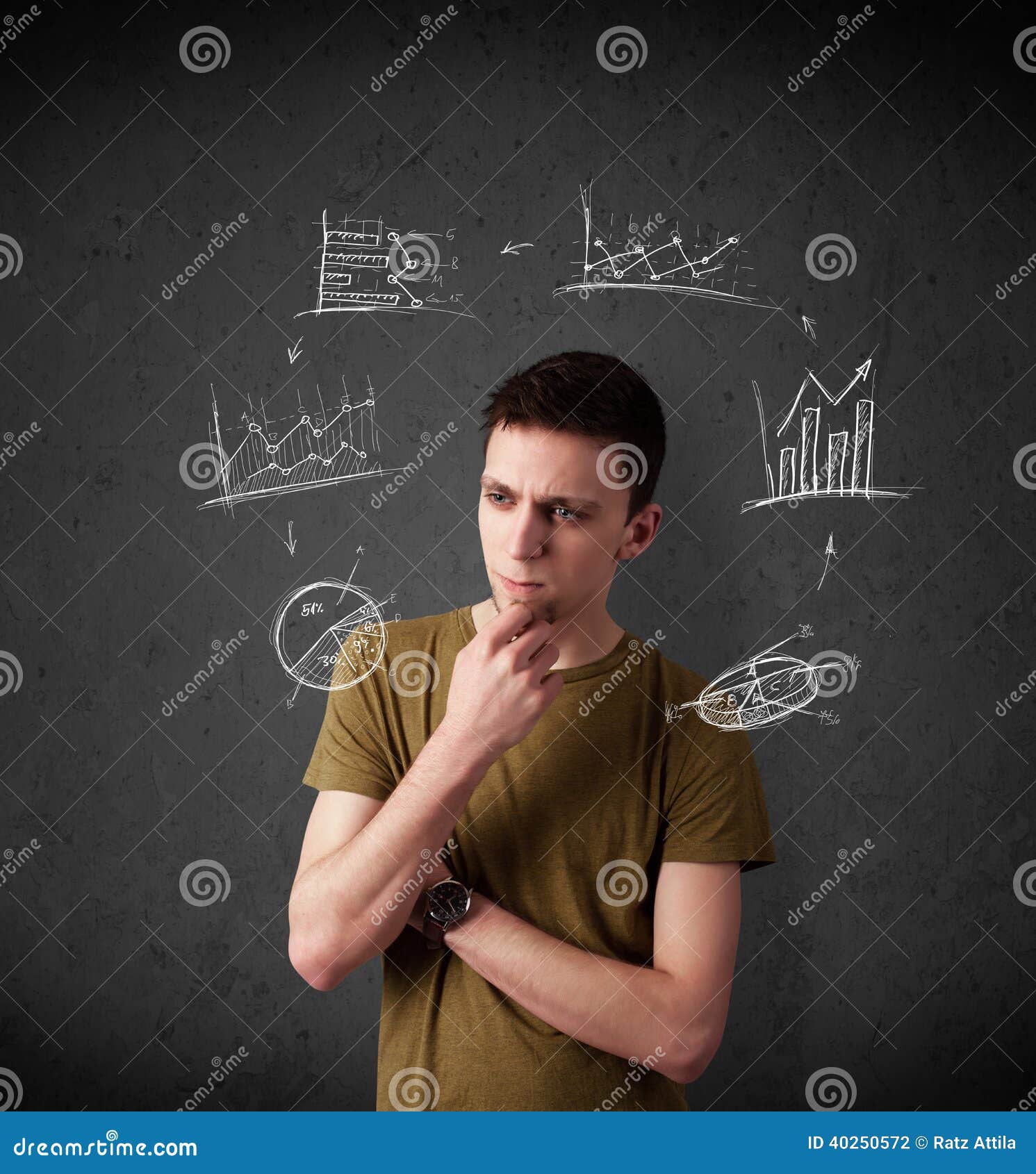 Young Man Thinking with Charts Circulation Around His Head Stock Photo ...