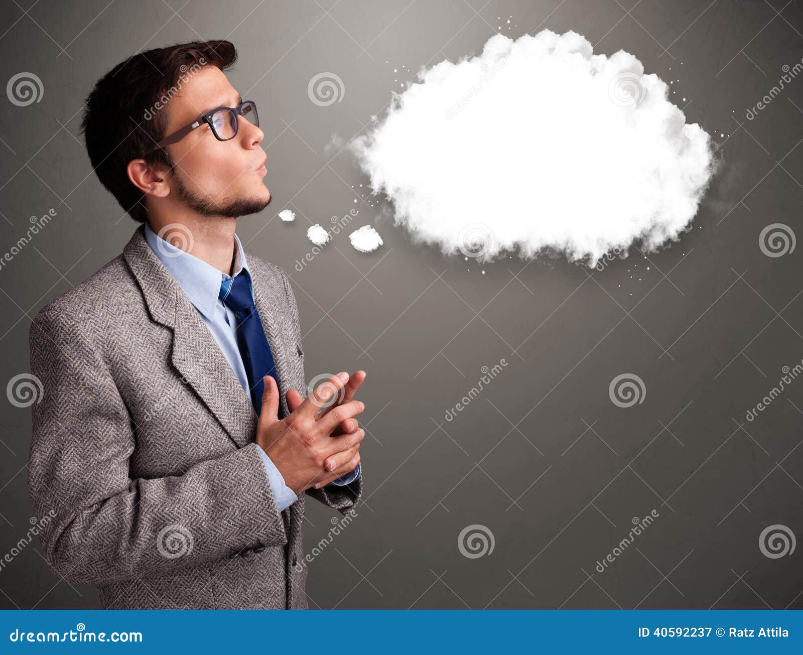 Young Man Thinking about Cloud Speech or Thought Bubble with Cop Stock ...