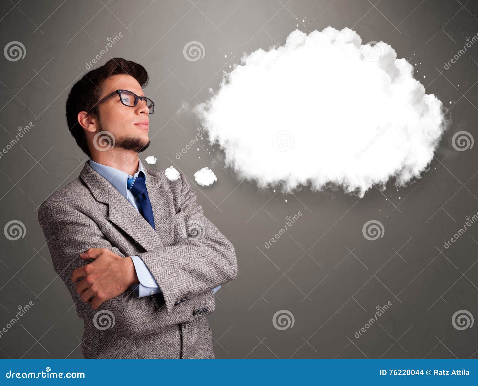 Young Man Thinking about Cloud Speech or Thought Bubble with Cop Stock ...