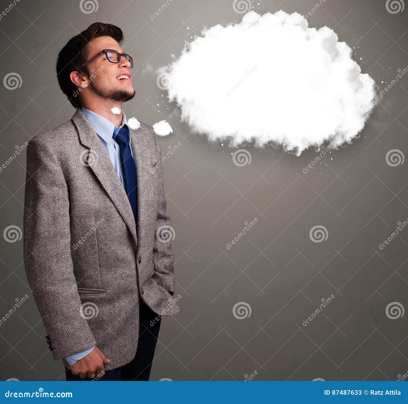 Young Man Thinking about Cloud Speech or Thought Bubble with Cop Stock ...