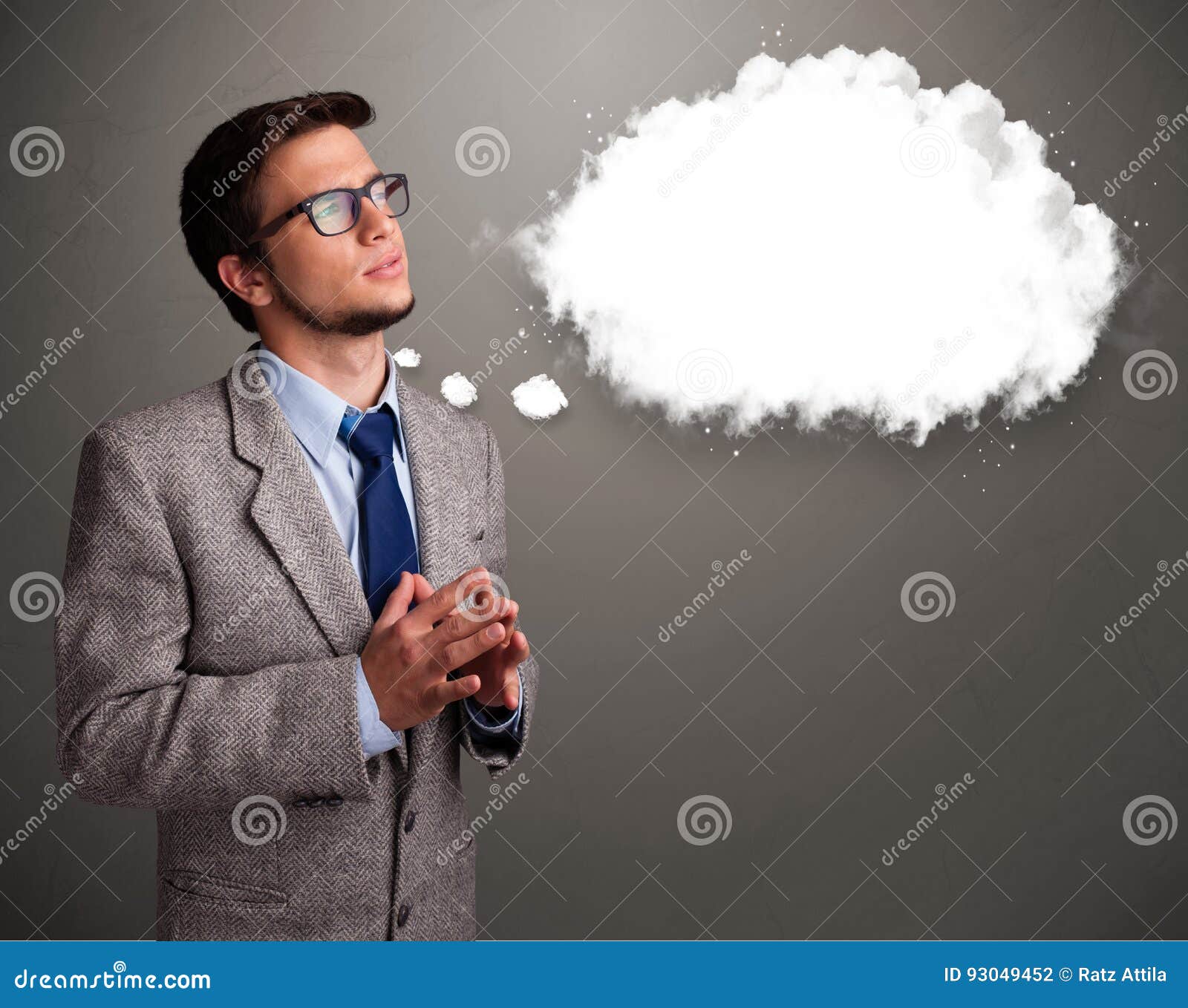 Young Man Thinking about Cloud Speech or Thought Bubble with Cop Stock ...