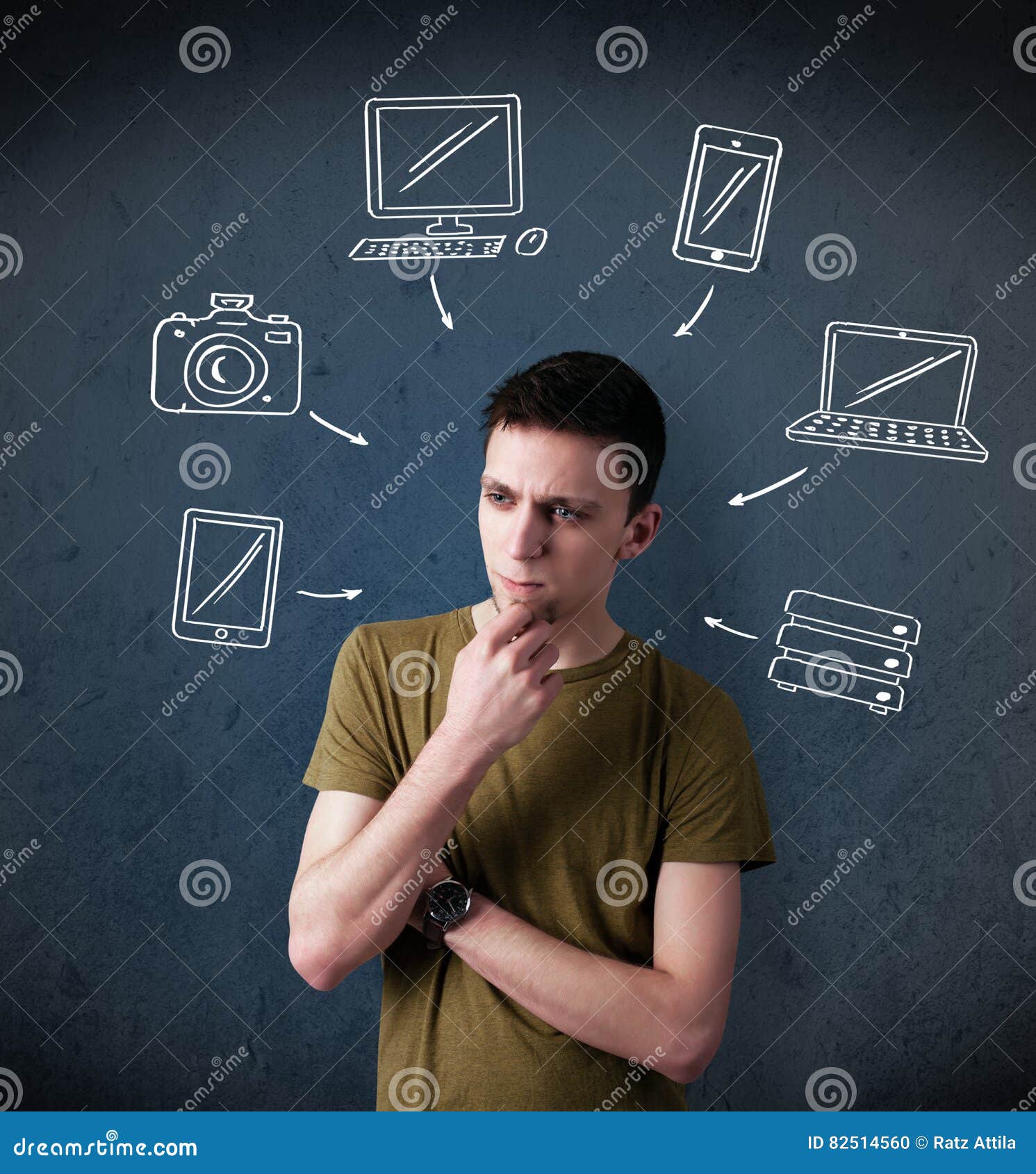 Young Man Thinking with Drawn Gadgets Around His Head Stock Photo ...
