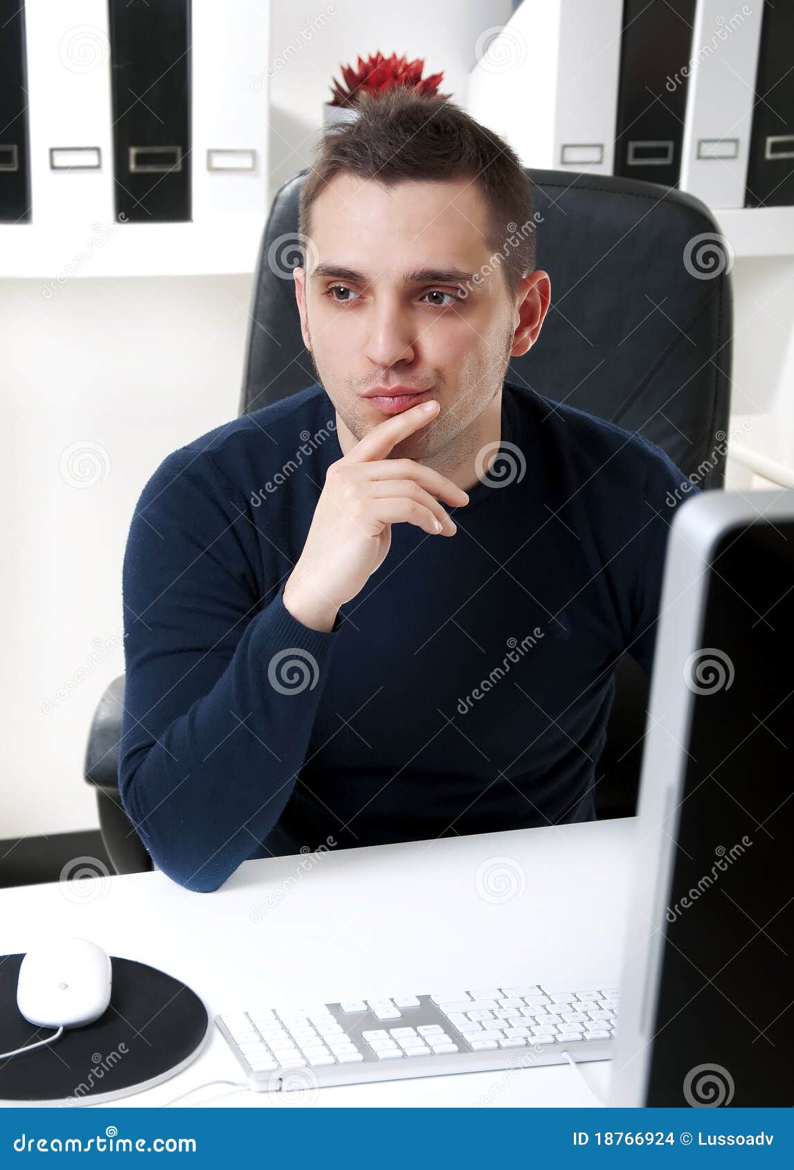 Young Man Thinking in Front of His Computer Stock Photo - Image of ...
