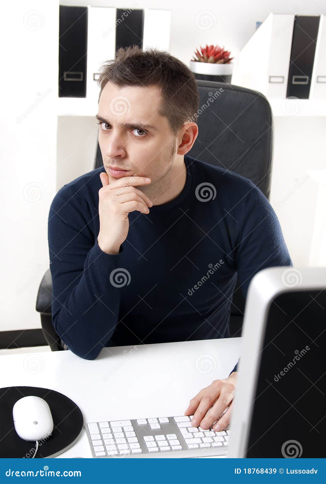 Young Man Thinking in Front of His Computer Stock Image - Image of work ...
