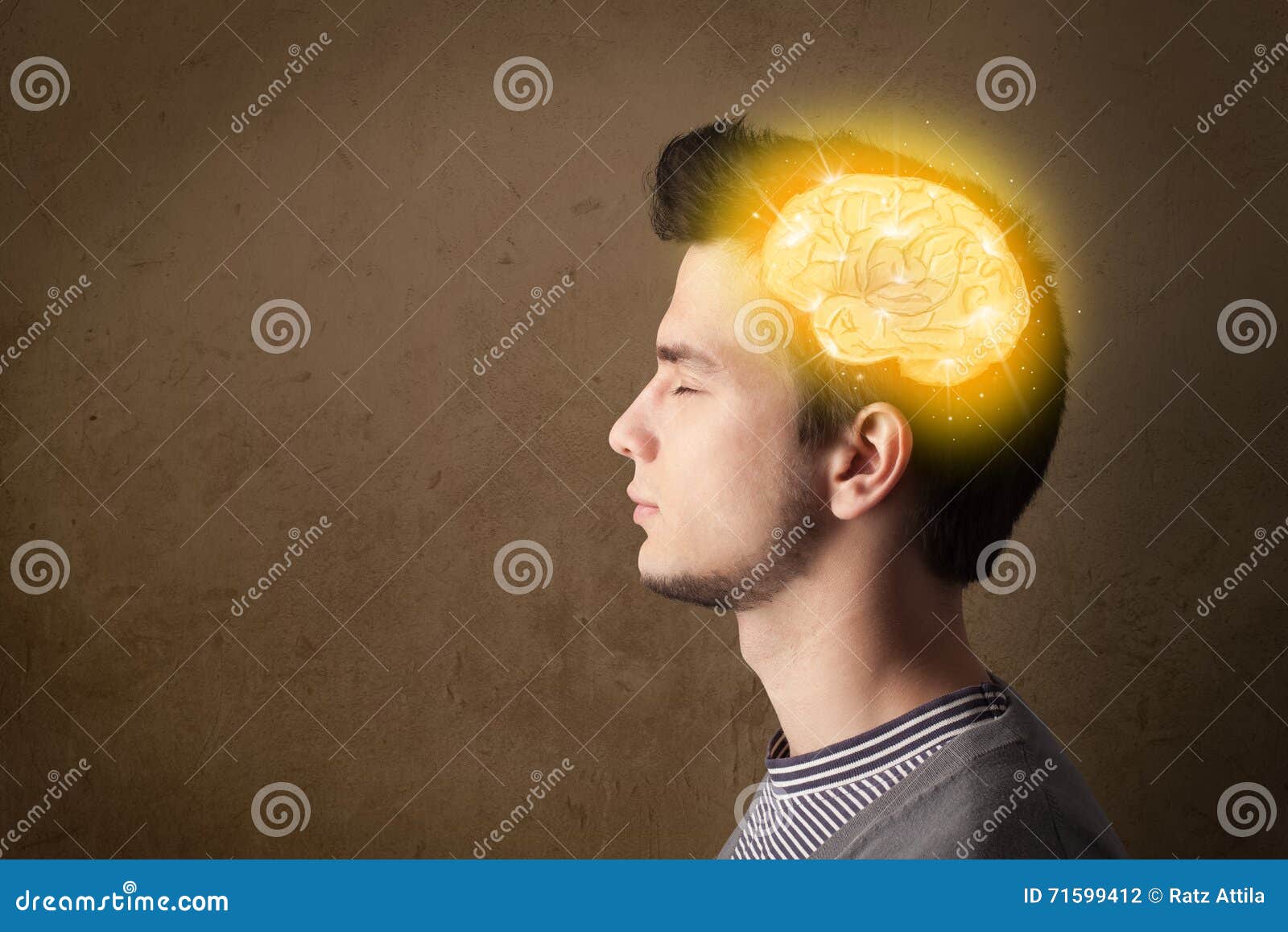 Young Man Thinking with Glowing Brain Illustration Stock Photo - Image ...