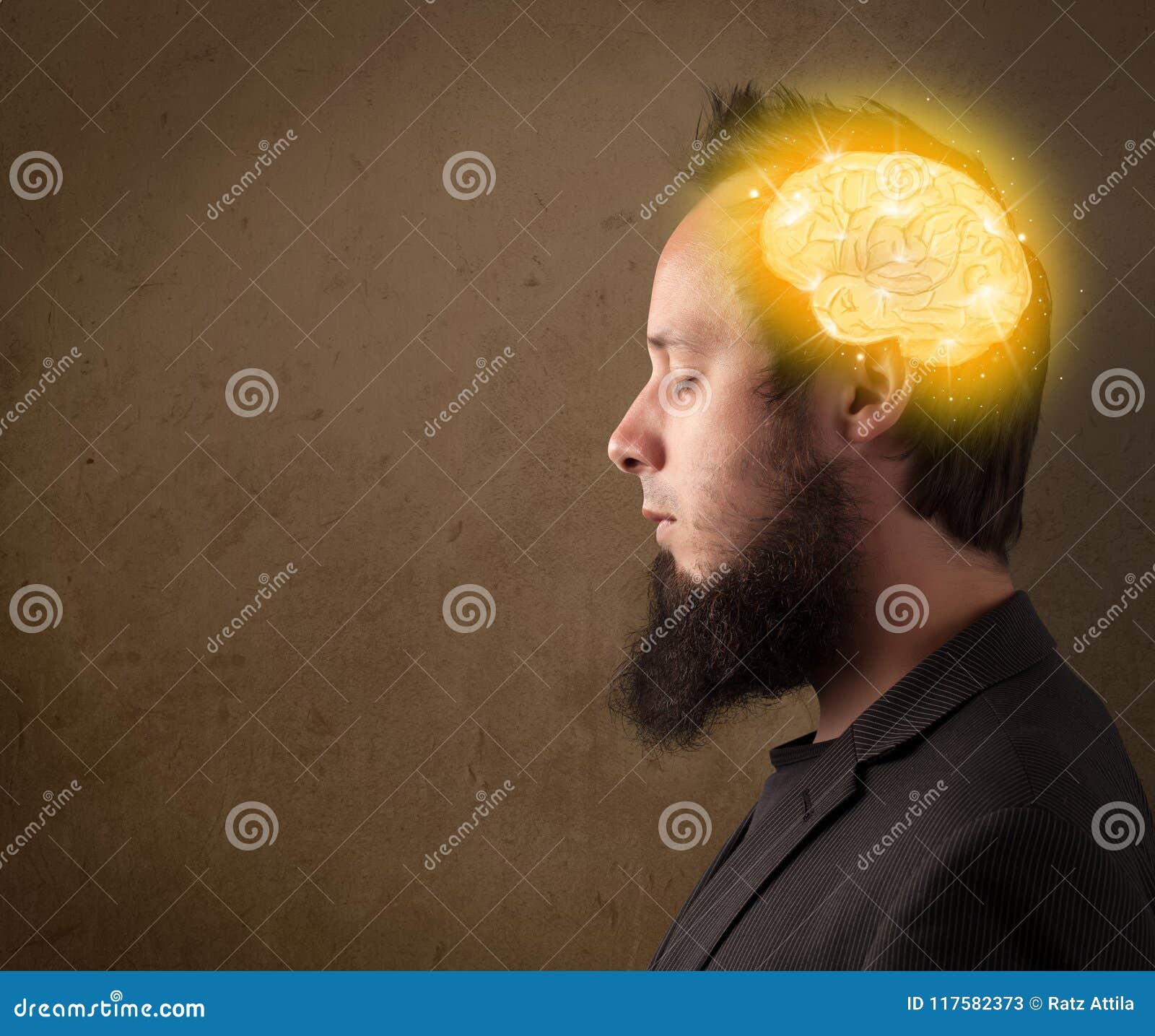Man Thinking with Glowing Brain Illustration Stock Image - Image of ...