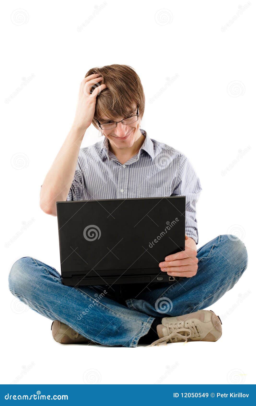 Young Man Thinking with Laptop Stock Image - Image of communication ...