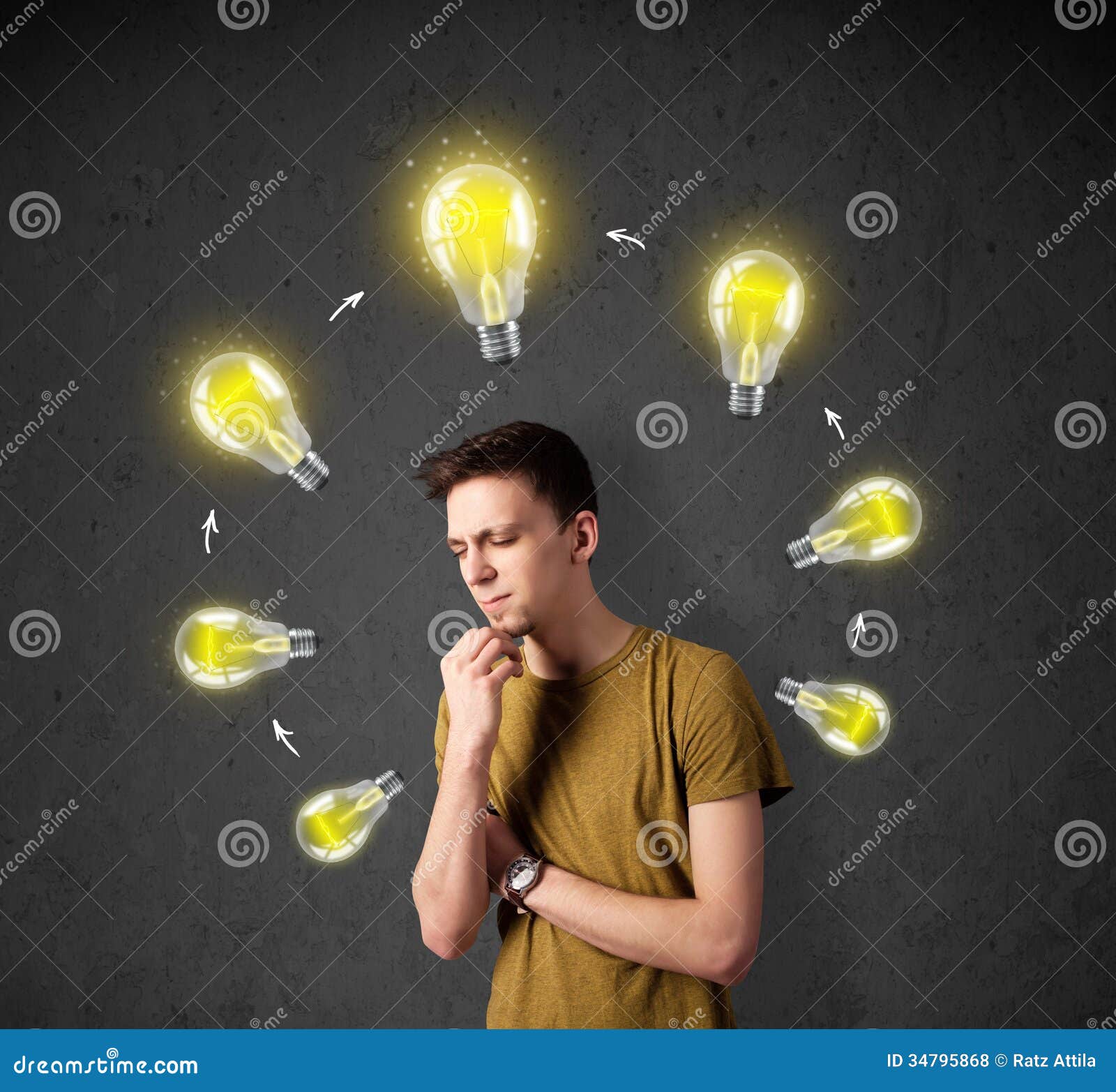 Young Man Thinking with Lightbulb Circulation Around His Head Stock ...
