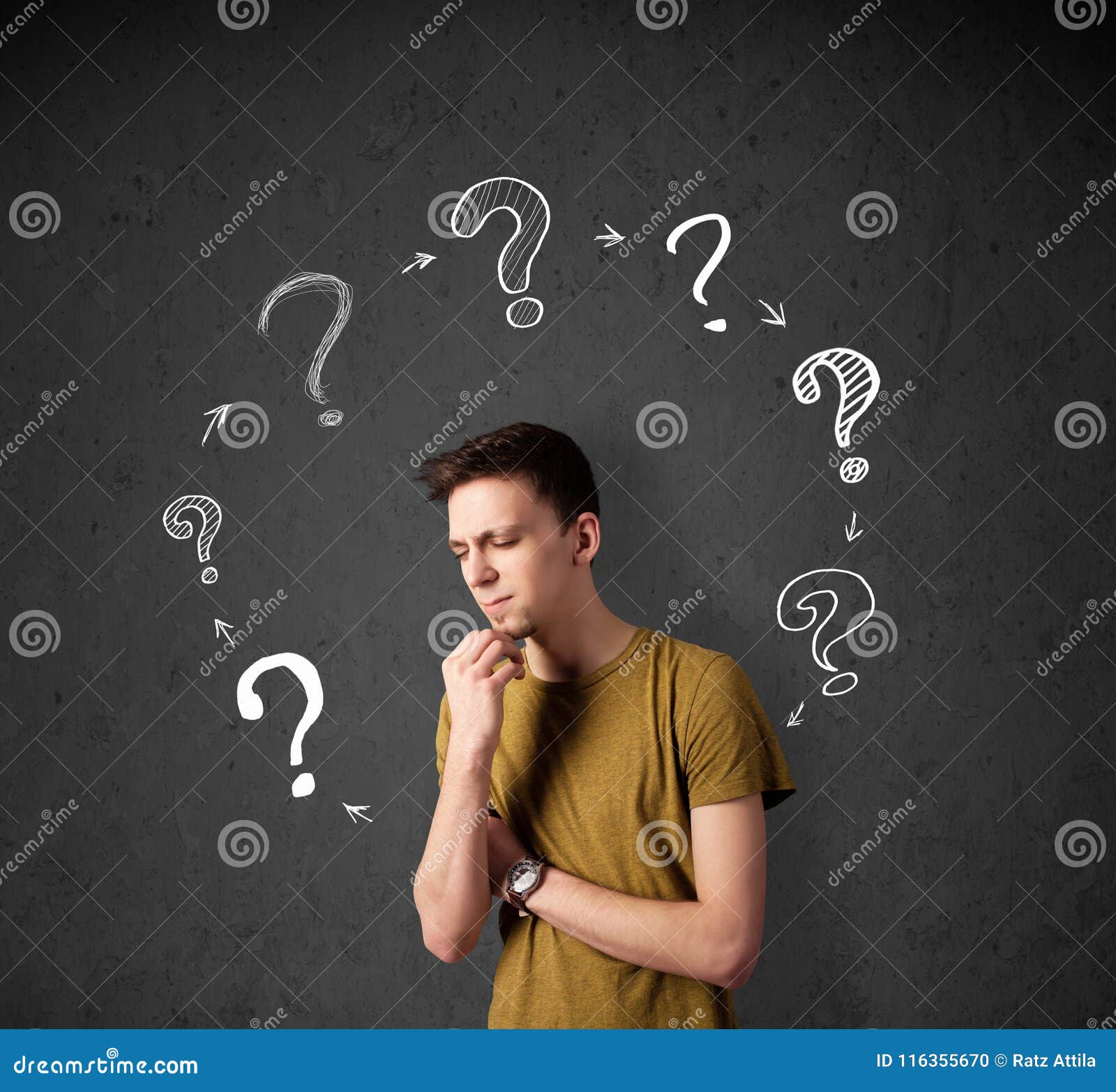 Young Man Thinking with Question Mark Circulation Around His Head Stock ...
