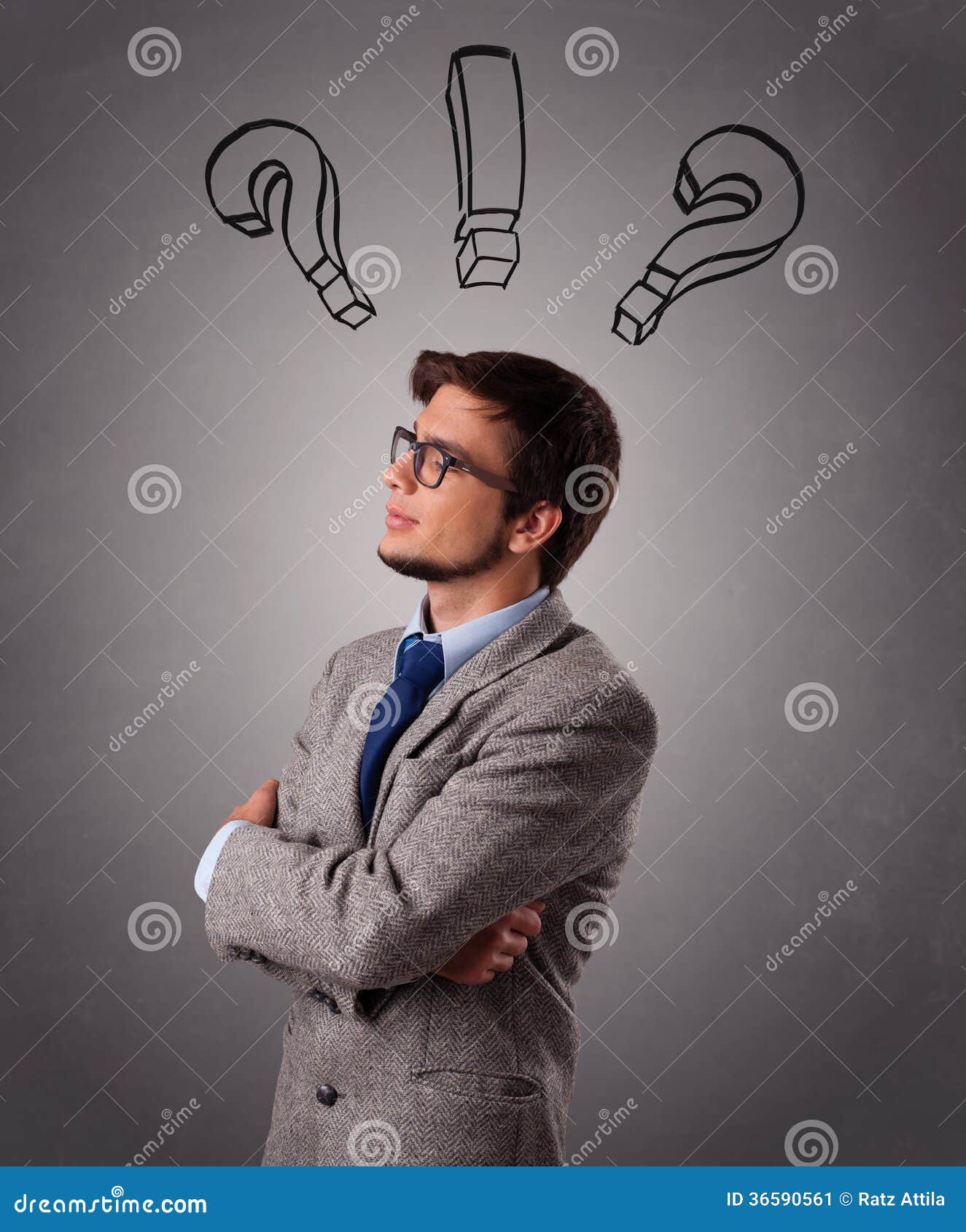 Young Man Thinking with Question Marks Overhead Stock Image - Image of ...