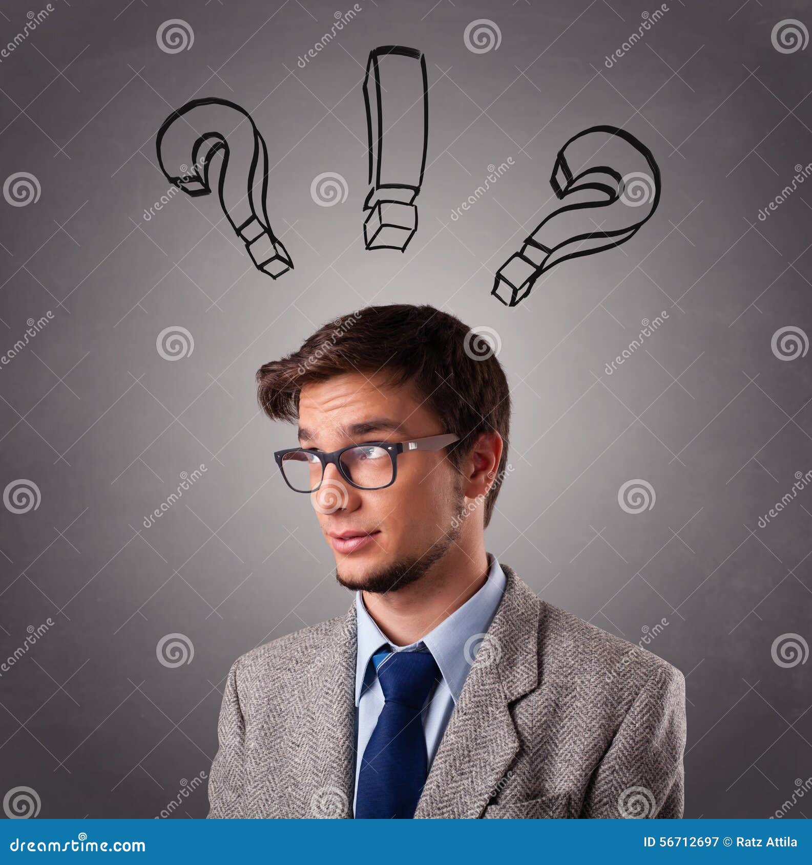 Young Man Thinking with Question Marks Overhead Stock Image - Image of ...