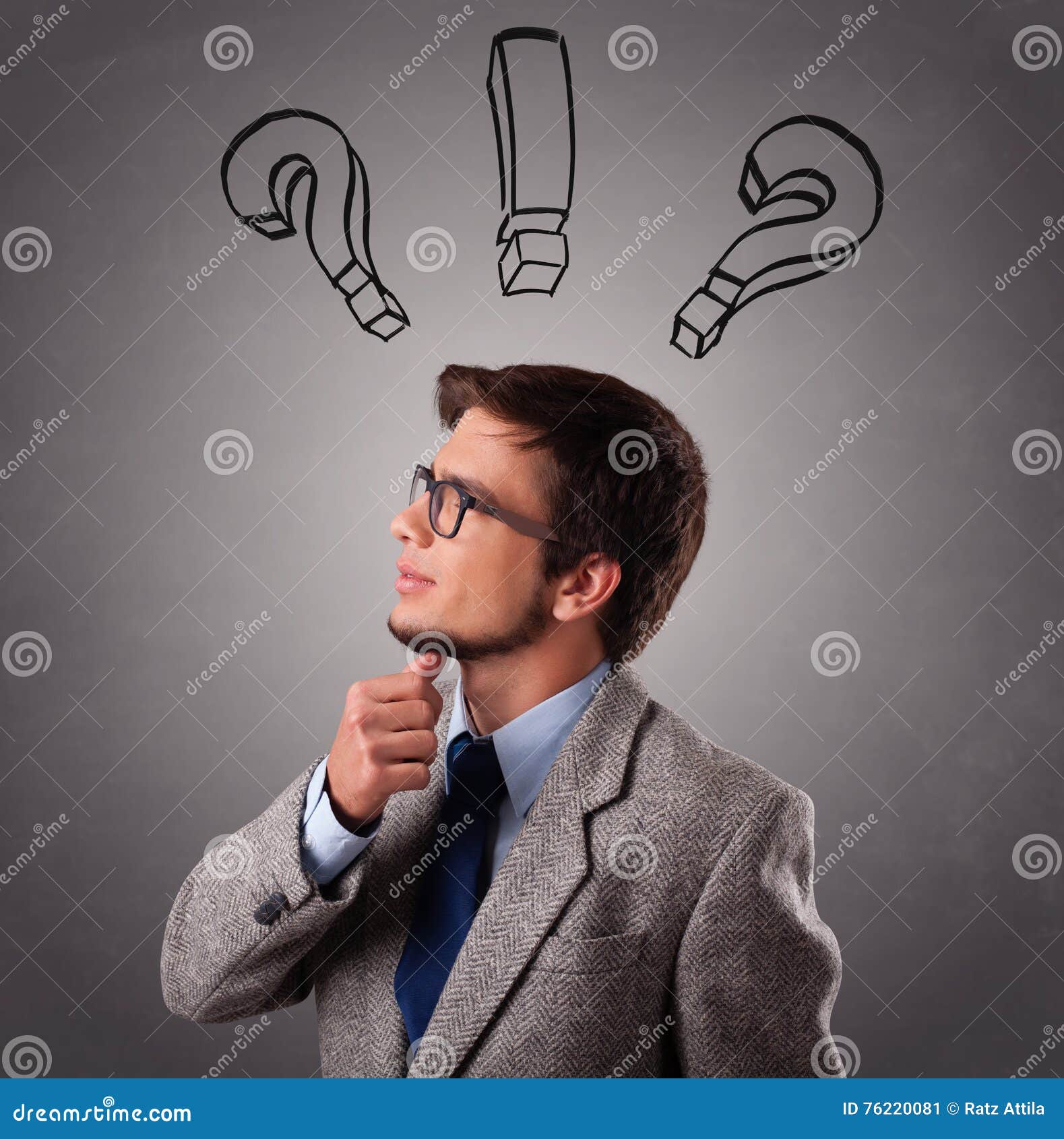 Young Man Thinking with Question Marks Overhead Stock Image - Image of ...