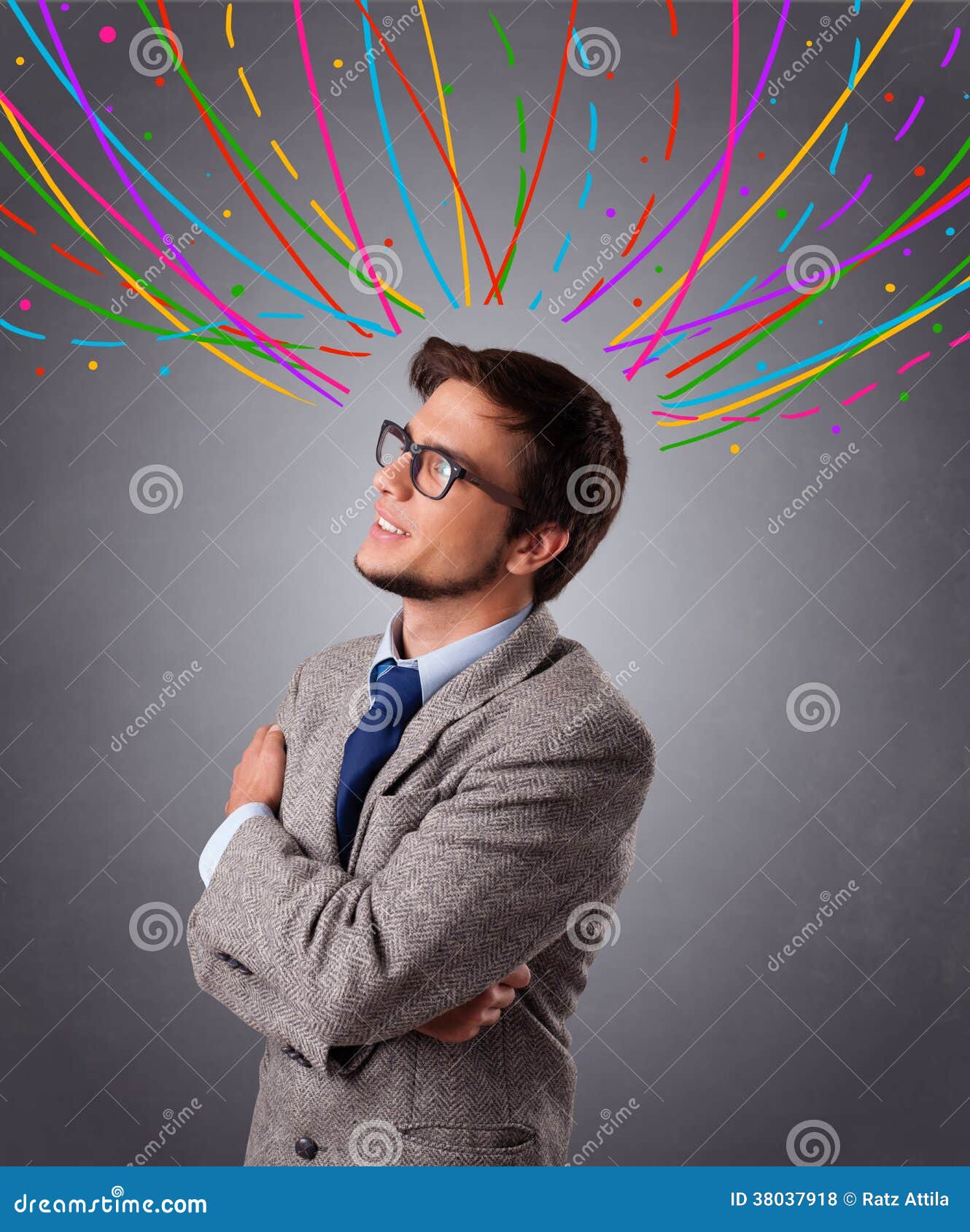 Young Man Thinking Wiht Colorful Abstract Lines Overhead Stock Photo ...