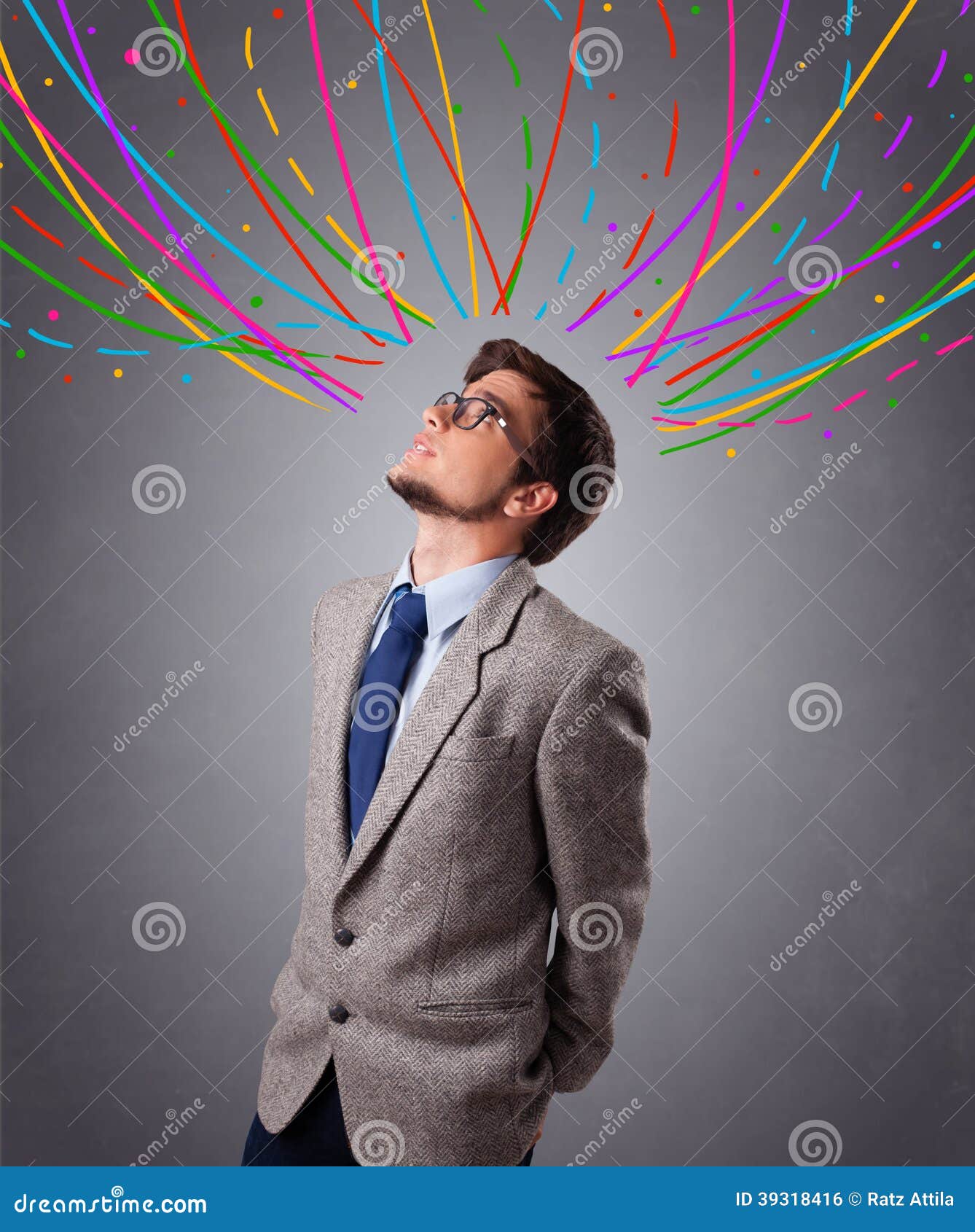 Young Man Thinking Wiht Colorful Abstract Lines Stock Photo - Image of ...