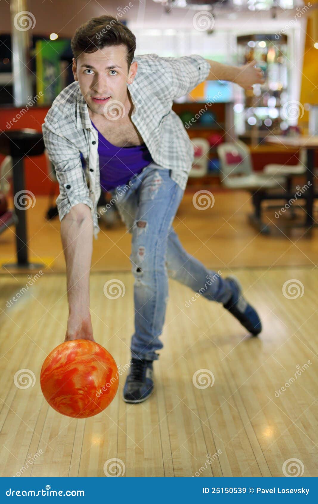 Young Man Throws Ball in Bowling Stock Image - Image of accuracy, male ...