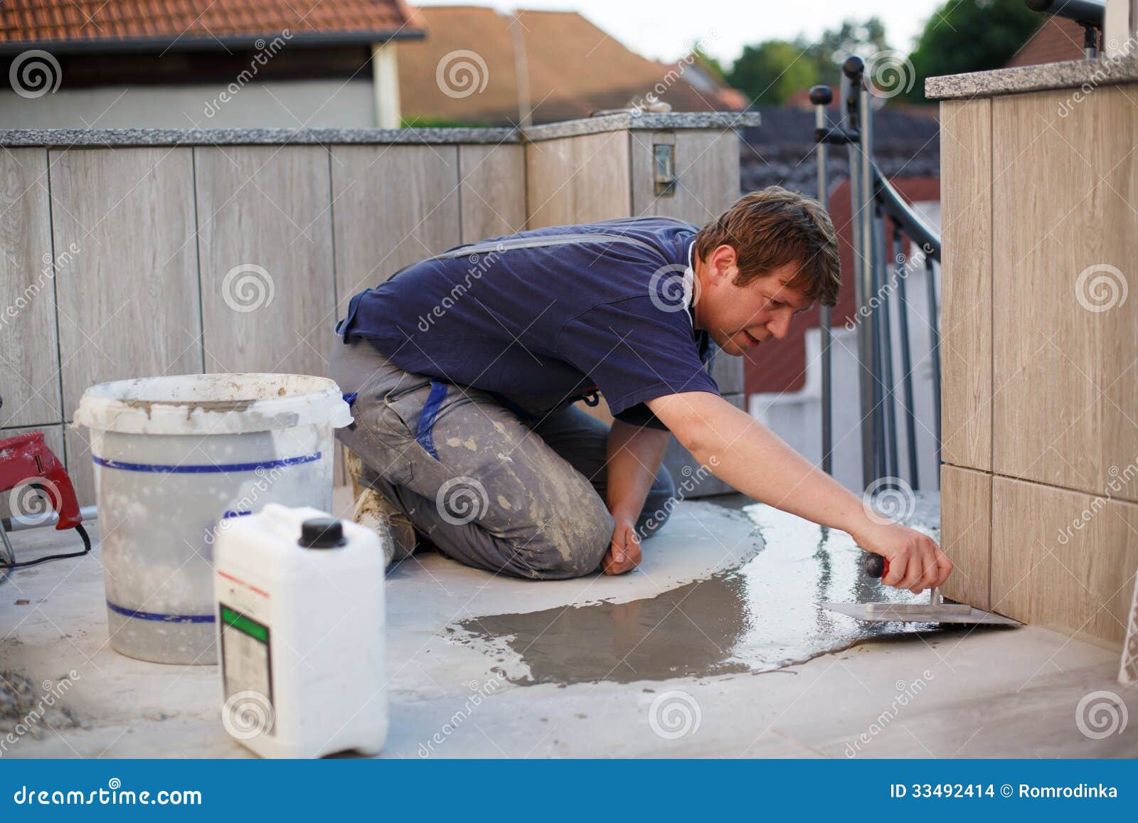 Young Man Tiling on Balkony Ceramic Tiles Stock Photo - Image of manual ...